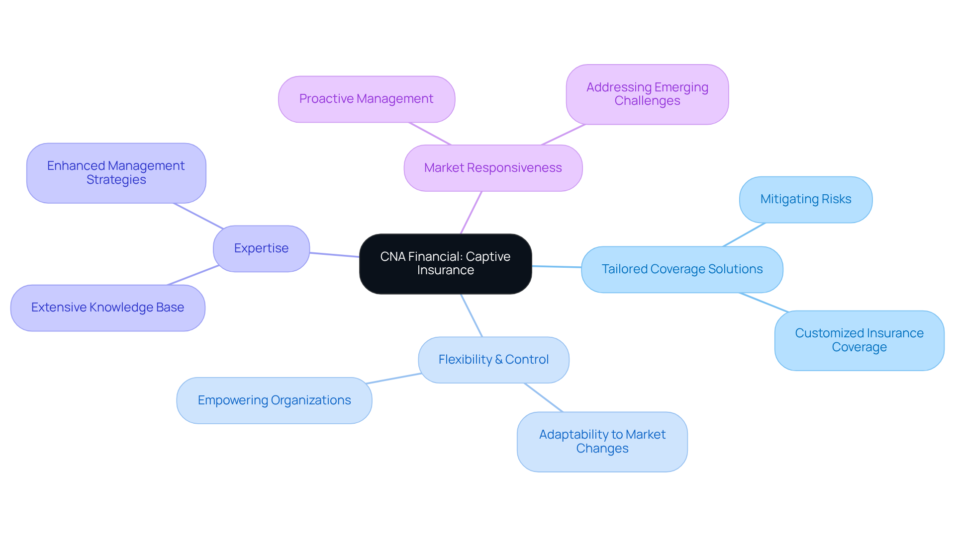 Start at the center with CNA Financial's approach to captive insurance, then explore the branches to see how flexibility, expertise, and market responsiveness contribute to effective risk management.