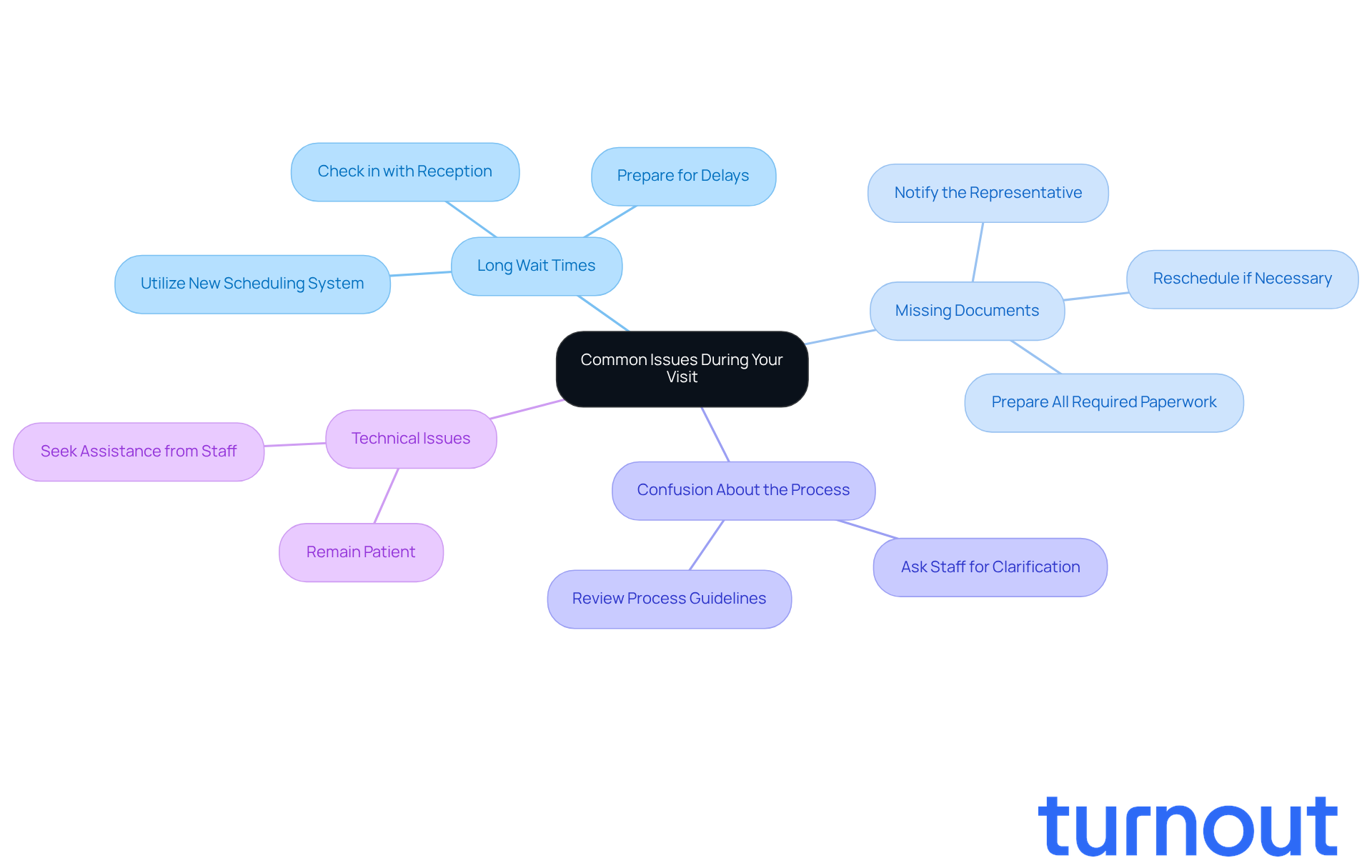 The center represents the main theme of common issues. Each branch shows a specific challenge visitors might face, and the sub-branches provide helpful tips or solutions to address those challenges. The center represents the main theme of common issues. Each branch shows a specific challenge visitors might face, and the sub-branches provide helpful tips or solutions to address those challenges.