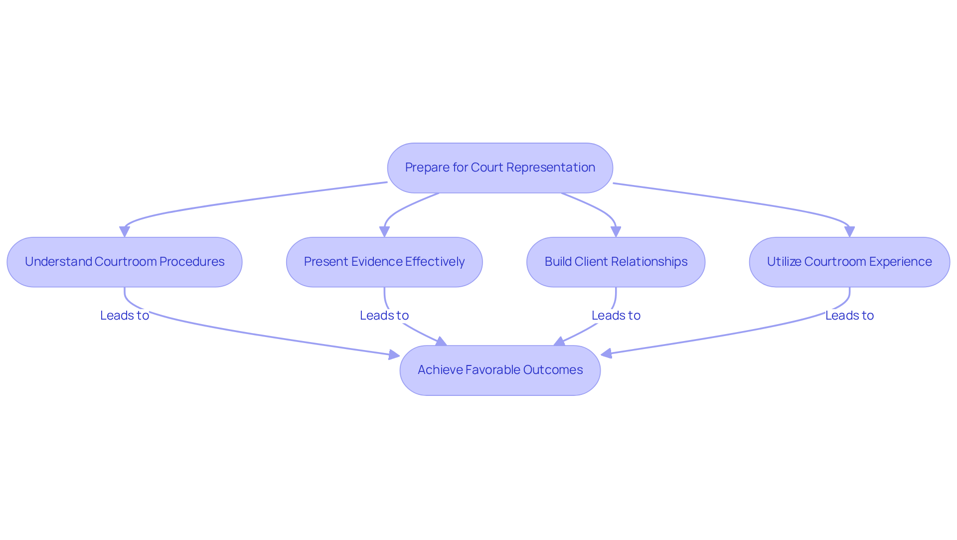 This flowchart shows the essential steps to prepare for court representation. Each box represents a key action or focus area, and the arrows indicate the flow from one step to the next. Following these steps can help ensure you are well-prepared and supported in your legal journey.
