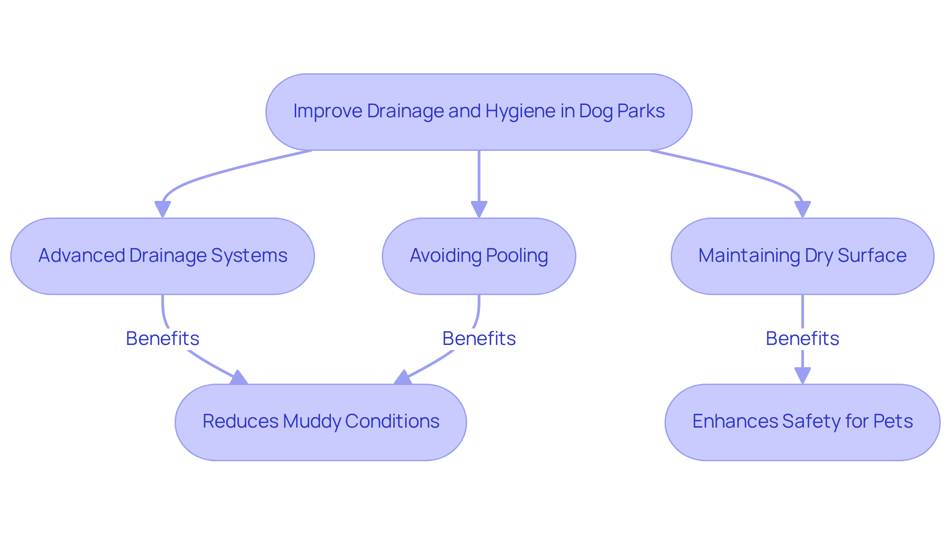 This flowchart shows how improving drainage and hygiene in dog parks works. Start at the top with the main goal, then follow the arrows to see the steps and benefits that lead to a safer and cleaner environment for dogs.