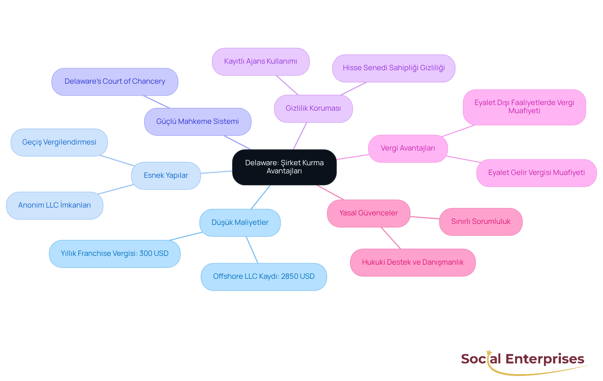 Merkezdeki fikir, Delaware'in şirket kurma avantajları. Dallar, her bir avantajı temsil eder ve alt dallar o avantajla ilgili detayları gösterir. Renkler, her bir konunun önemini ve çeşitliliğini vurgular.