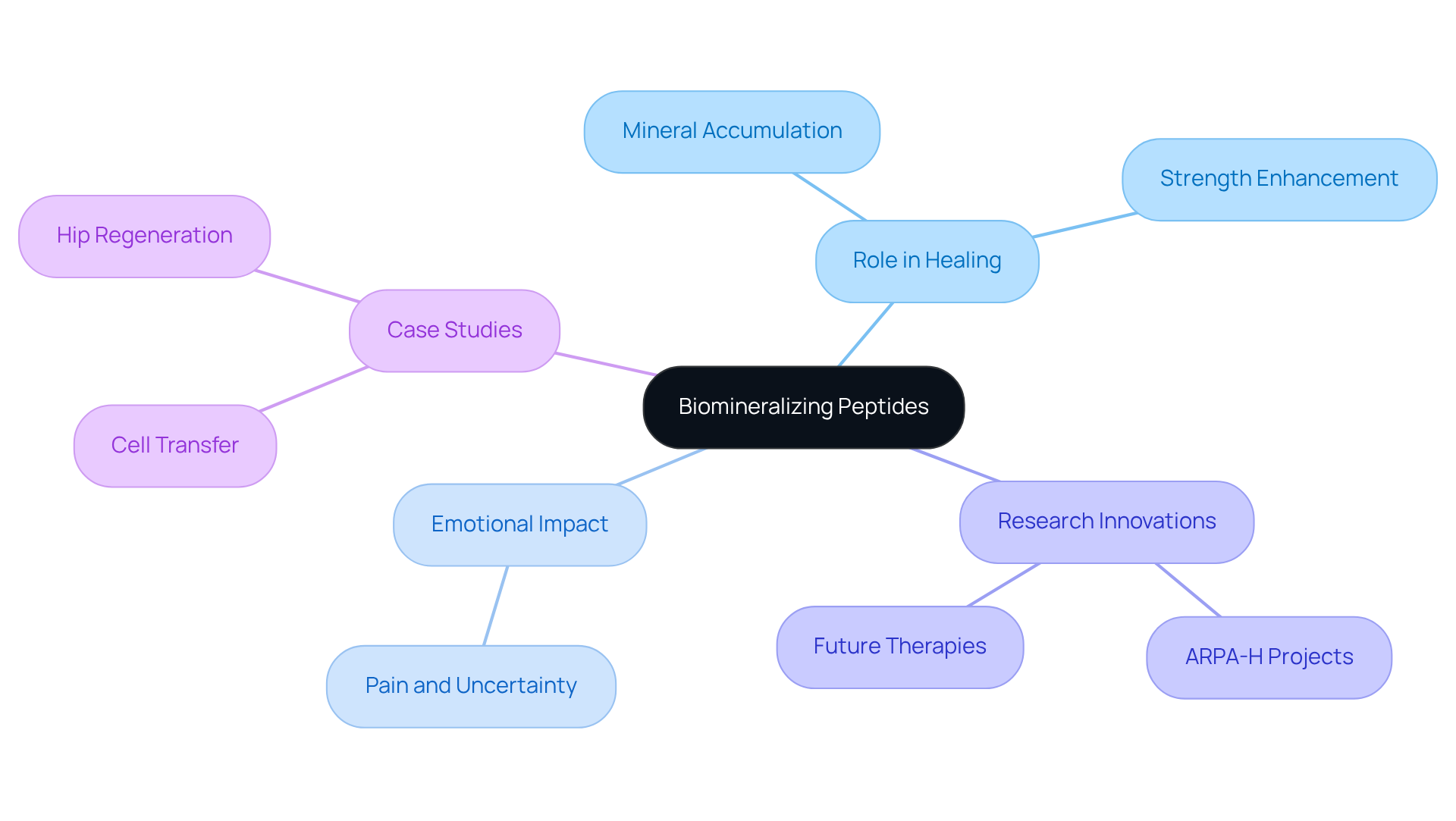 This mindmap illustrates how biomineralizing peptides contribute to cartilage healing. Start at the center with the main topic, then explore the branches to see how they relate to healing, emotional aspects, ongoing research, and real-world examples.