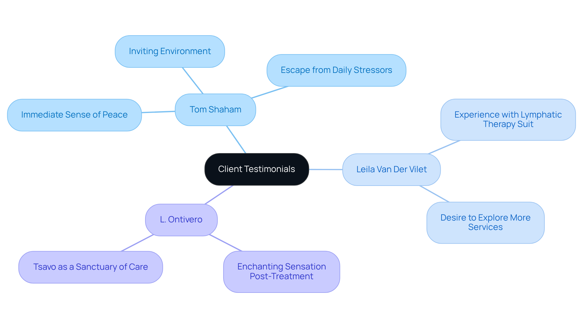 The central node represents the overall theme of testimonials, while each branch shows a client's unique experience and how it contributes to their sense of well-being. The central node represents the overall theme of testimonials, while each branch shows a client's unique experience and how it contributes to their sense of well-being.