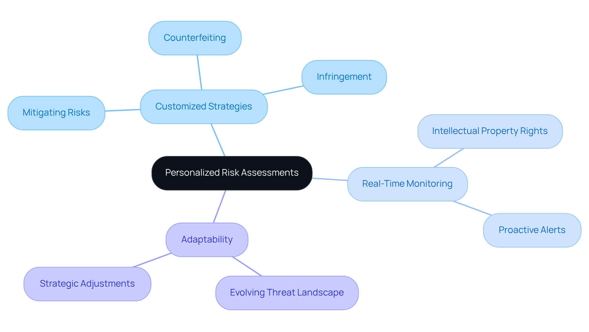 The center represents the main concept of personalized risk assessments, while the branches show how different strategies and monitoring techniques contribute to addressing specific threats.