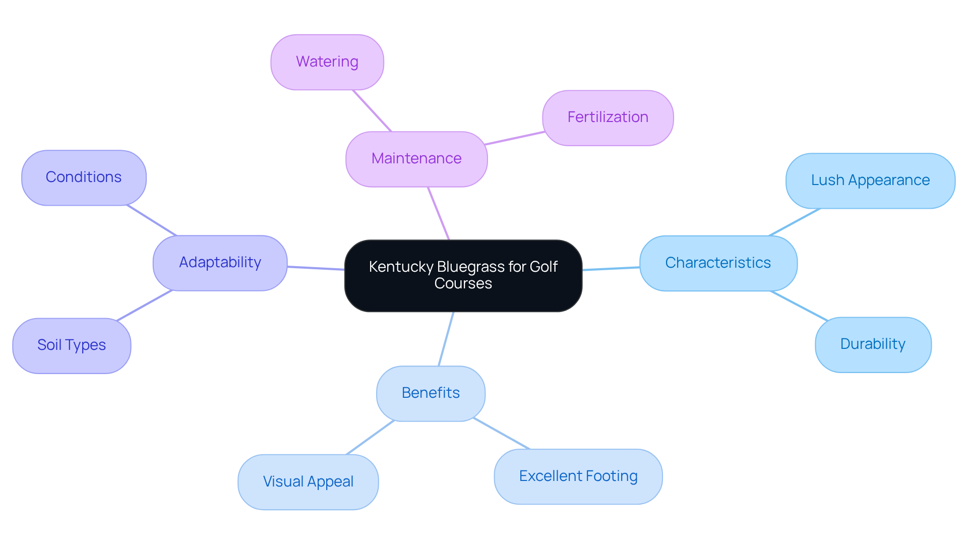 The central node represents Kentucky Bluegrass, with branches showing its key characteristics, benefits, adaptability, and maintenance needs. Each branch helps you understand why this grass is a top choice for golf courses. The central node represents Kentucky Bluegrass, with branches showing its key characteristics, benefits, adaptability, and maintenance needs. Each branch helps you understand why this grass is a top choice for golf courses.