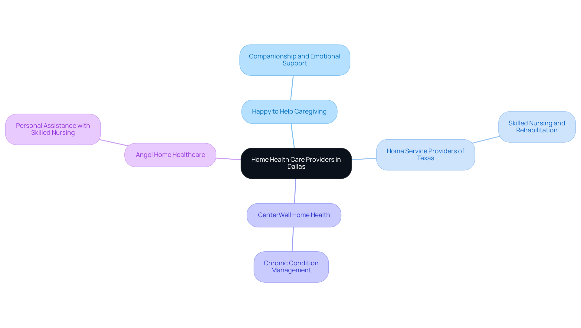 The central node represents the overall theme of home health care providers, while each branch shows a different provider and their unique services. The sub-branches detail specific focuses, helping you understand how each organization stands out.