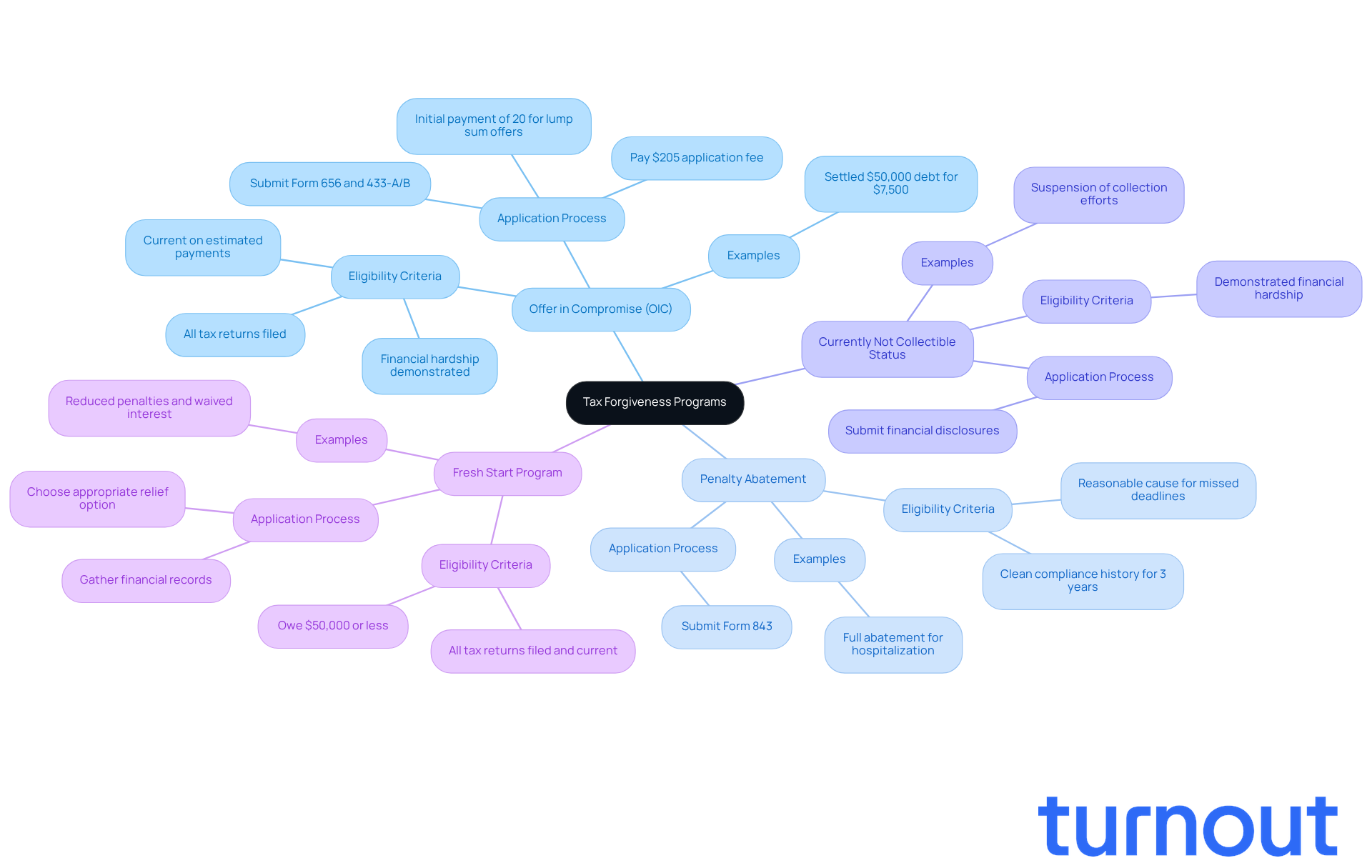 The central node represents the main topic of tax forgiveness, while each branch shows a different program. Follow the branches to learn about each program's features and how they can help you manage your tax liabilities. The central node represents the main topic of tax forgiveness, while each branch shows a different program. Follow the branches to learn about each program's features and how they can help you manage your tax liabilities.