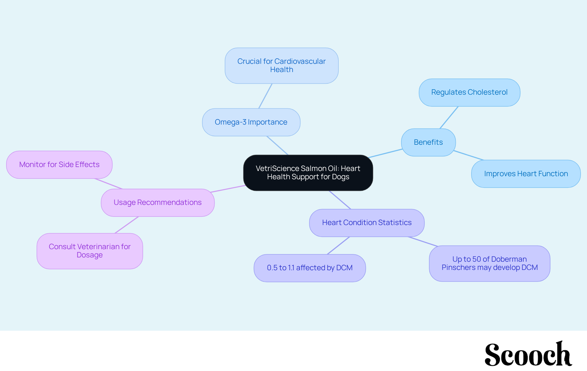 The central node represents the main topic, while the branches show different aspects of how VetriScience Salmon Oil supports heart health in dogs. Each branch connects to specific details, making it easy to understand the overall benefits.