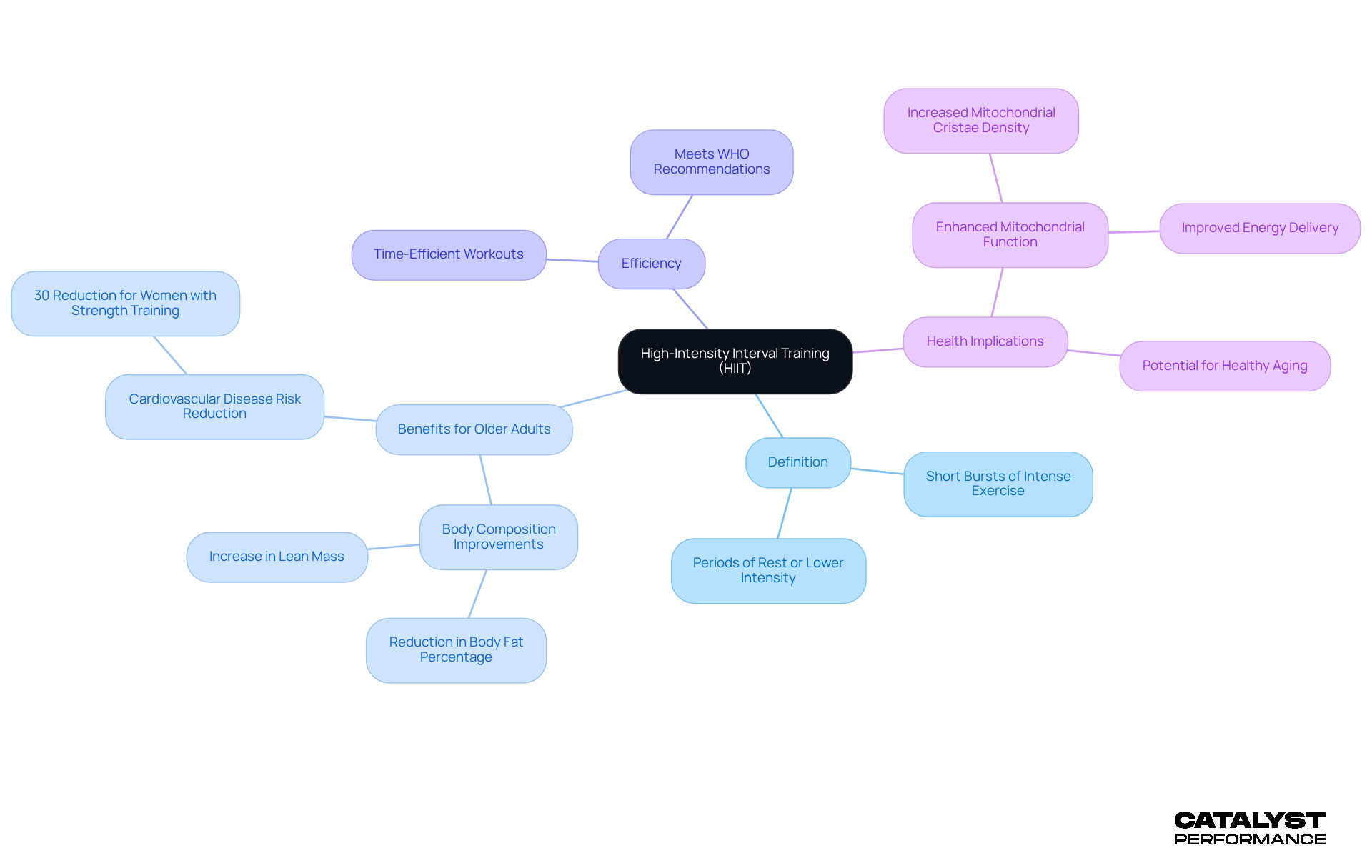 The center represents HIIT, and the branches show its various aspects. Each color-coded branch highlights a different area of focus, making it easy to see how they connect to the main idea.