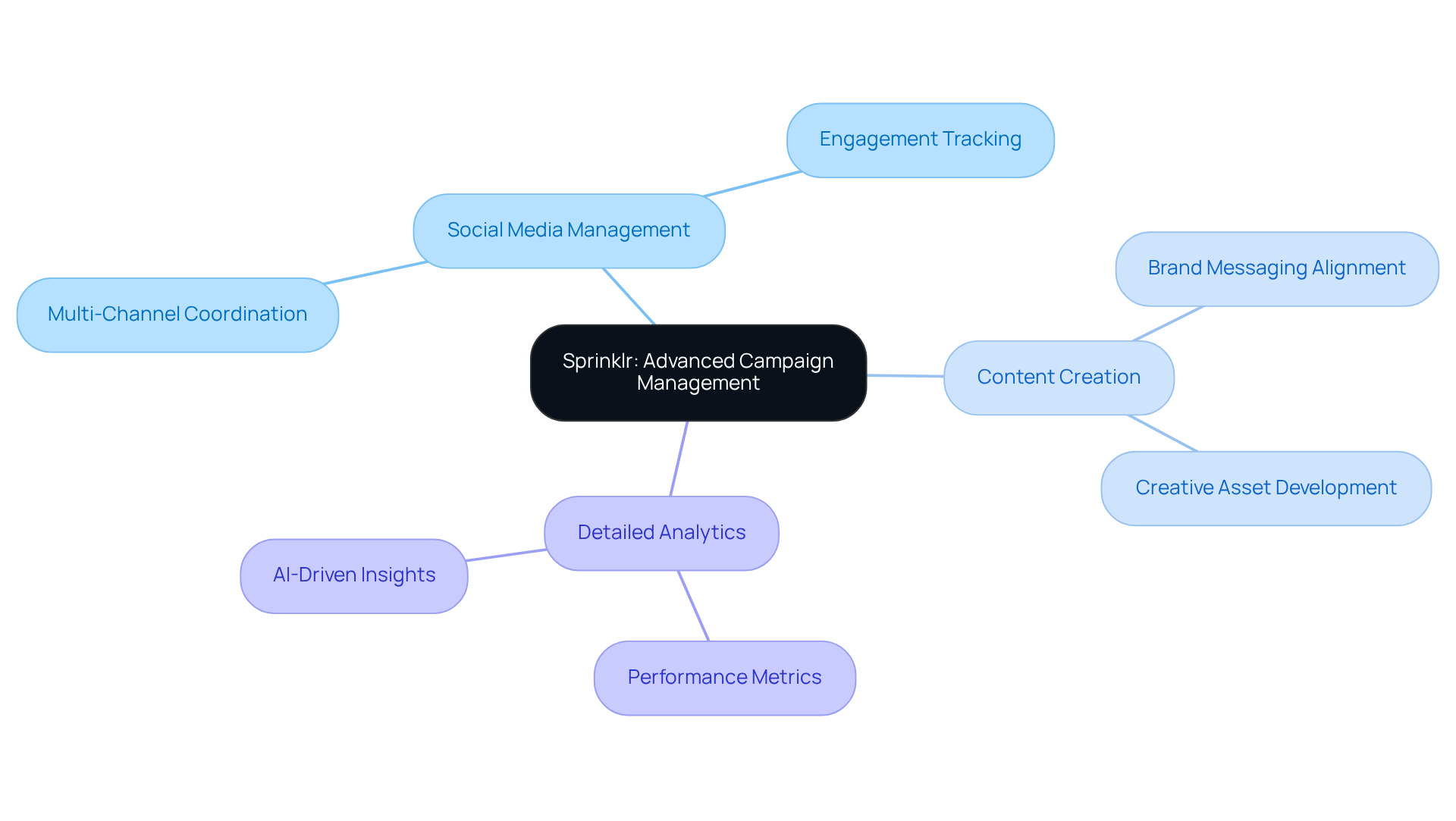 The center represents Sprinklr's role in managing campaigns, while the branches show the key features that help maintain brand governance. Each feature is connected to the central idea, illustrating how they work together.