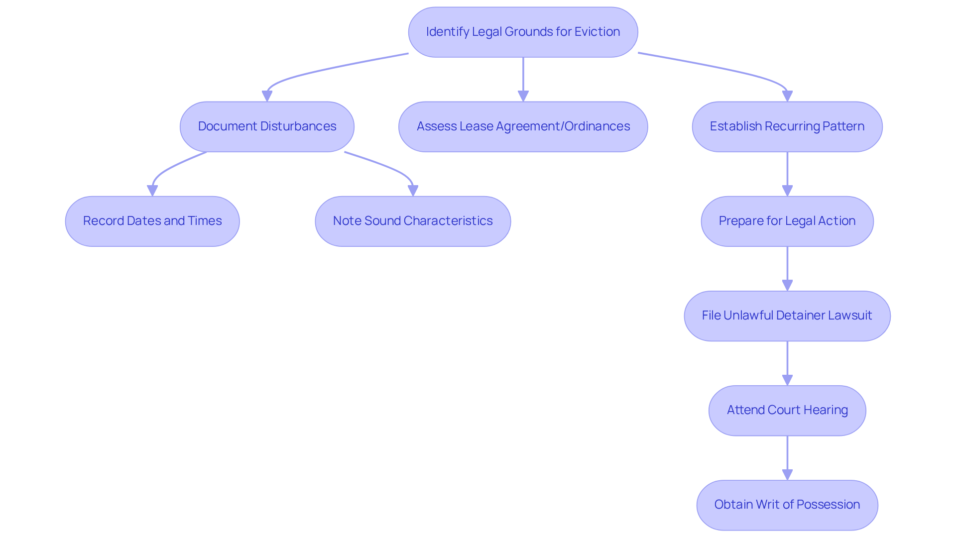 Follow the arrows to see the steps property owners need to take to legally evict a tenant for noise disturbances. Each box represents a key action or consideration in the process. Follow the arrows to see the steps property owners need to take to legally evict a tenant for noise disturbances. Each box represents a key action or consideration in the process.