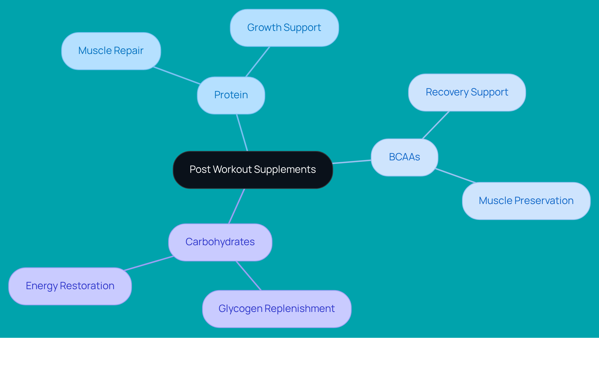 The center represents the main topic of post-workout supplements. Each branch shows a type of supplement and its specific role in recovery. Follow the branches to see how each nutrient supports your body after exercise.