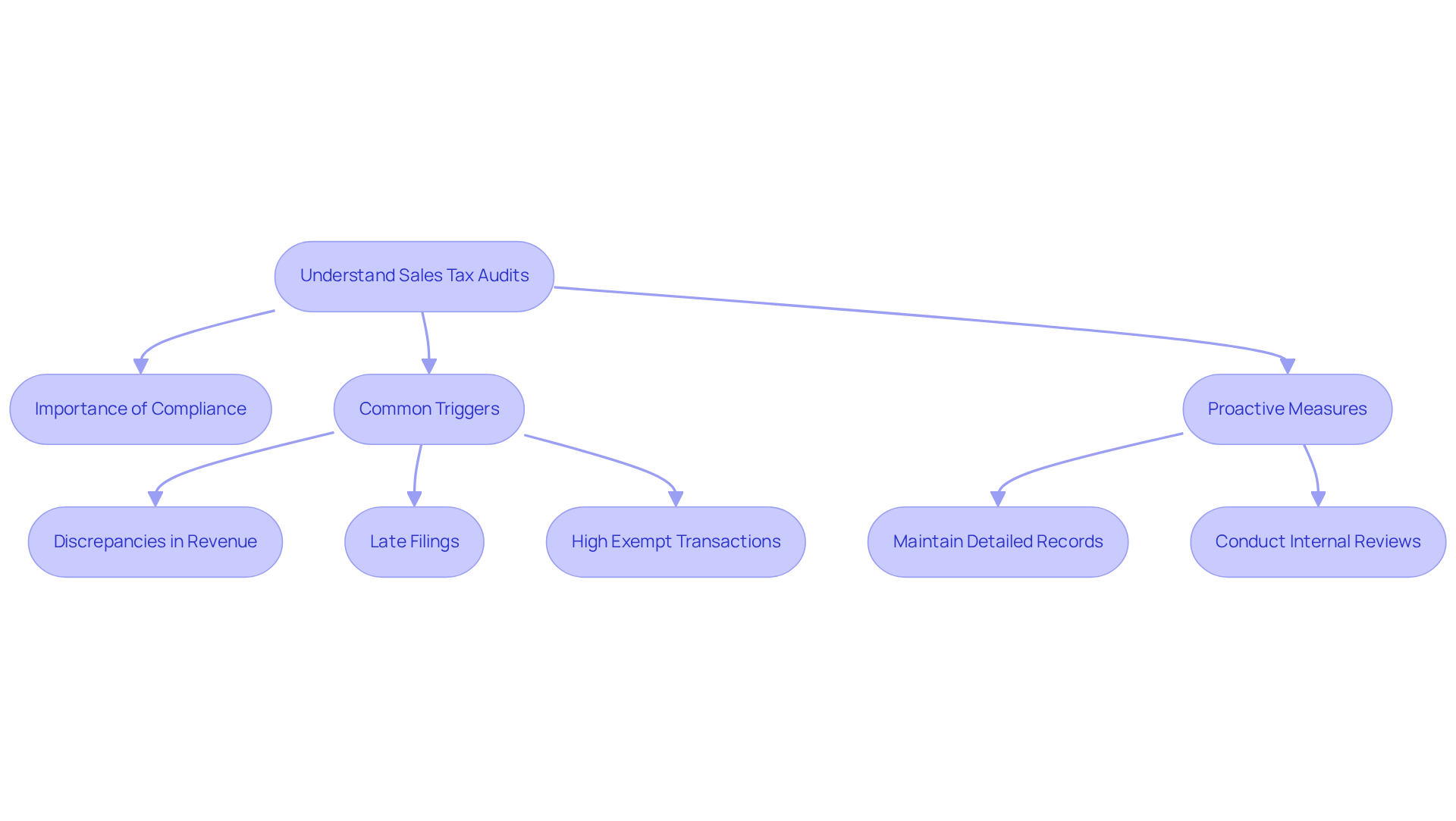 This flowchart guides you through the key concepts of sales tax audits. Start at the top to learn why audits matter, then follow the arrows to see what triggers audits and how to prepare effectively.