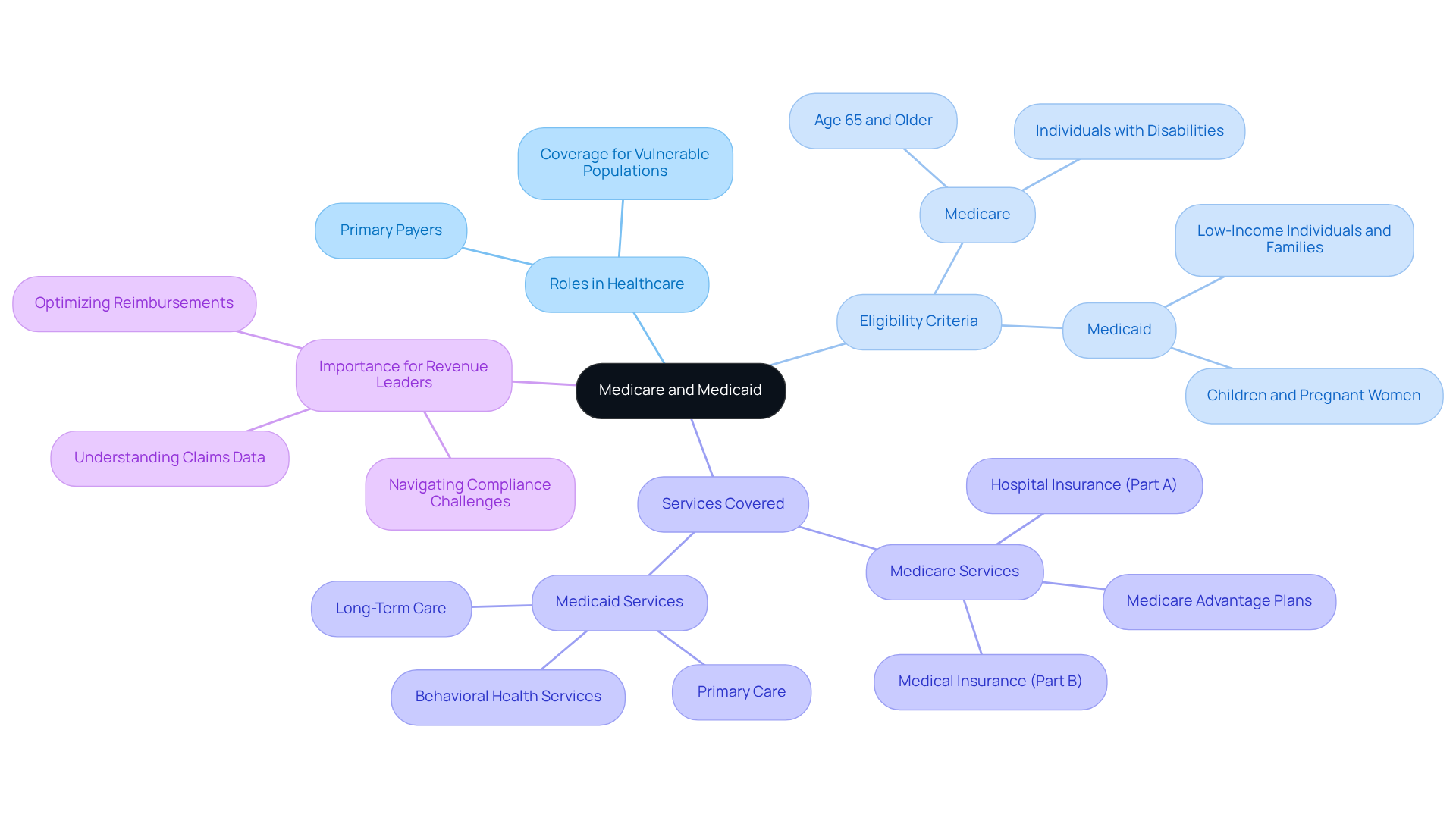 The central node represents the two programs, while the branches illustrate their roles, eligibility, services, and significance for financial outcomes. Follow the branches to explore how each component connects to the overall healthcare landscape.