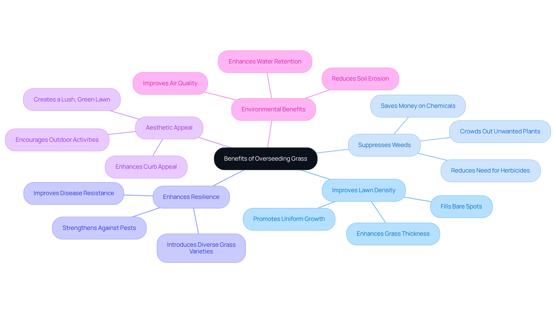 The central node represents overseeding grass, and each branch shows a key benefit. The sub-branches provide more details about how each benefit contributes to a healthier, more beautiful lawn. The central node represents overseeding grass, and each branch shows a key benefit. The sub-branches provide more details about how each benefit contributes to a healthier, more beautiful lawn.