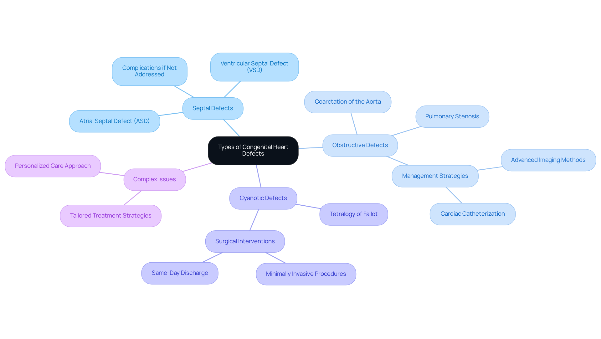 The central node represents the main topic, while the branches show different categories of heart defects. Each sub-branch provides specific examples or important notes related to that category.