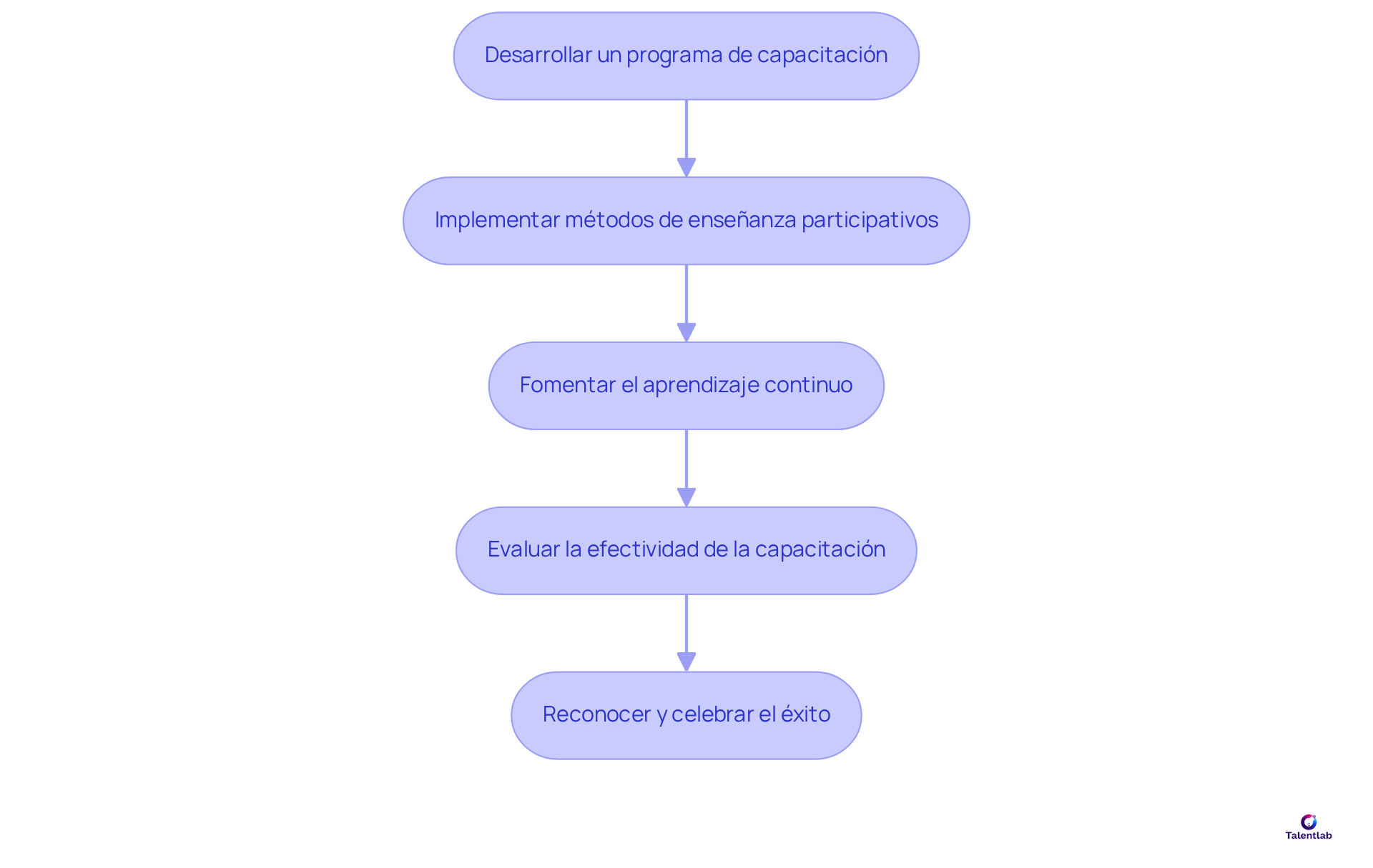 Cada cuadro representa un paso en el proceso de capacitación. Sigue las flechas para ver cómo cada etapa se conecta con la siguiente, ayudando a los líderes a aprender y aplicar los valores de la organización.