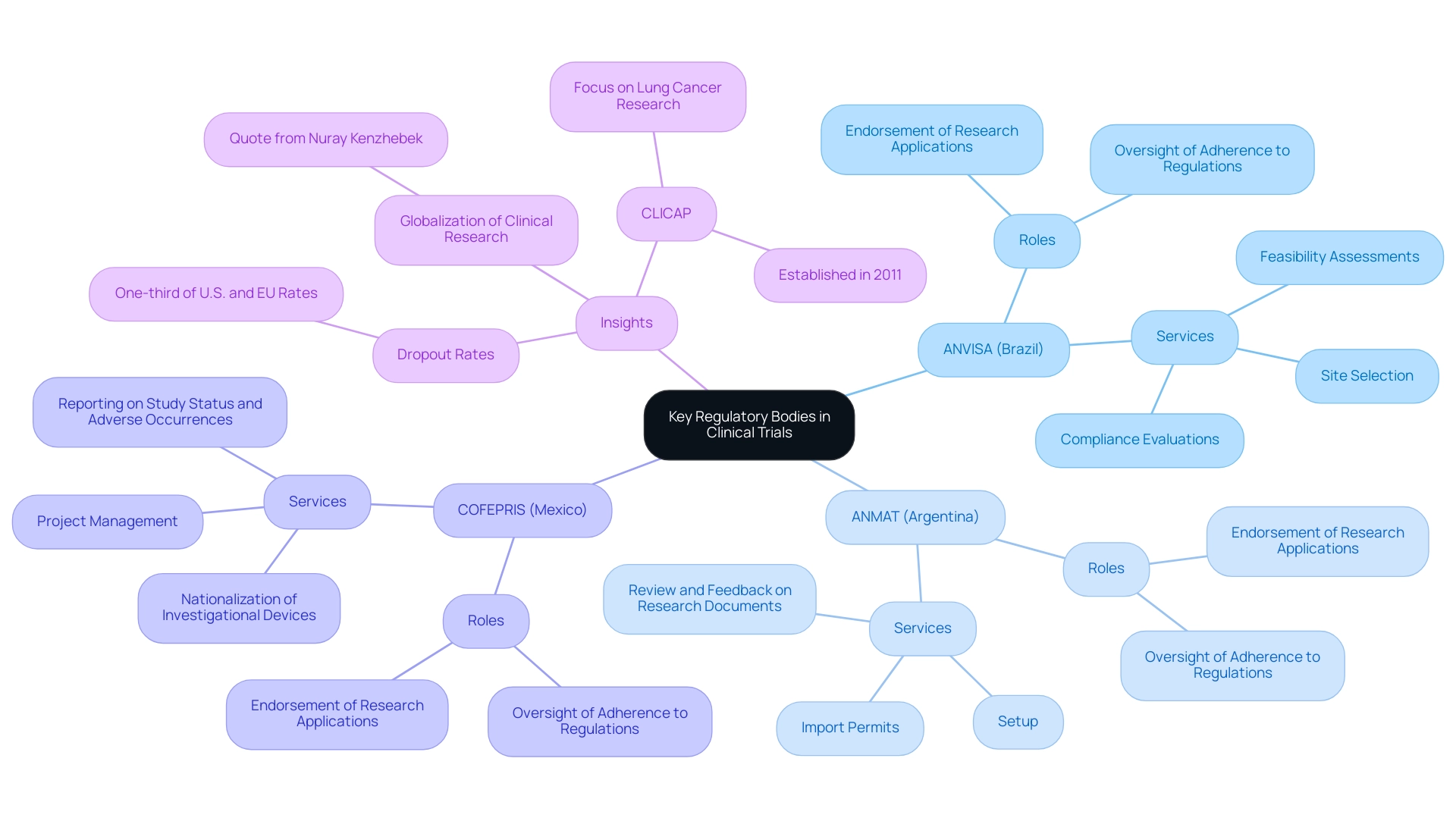 Color-coded nodes represent different regulatory agencies, their roles, and associated services, highlighting the hierarchical relationships and context within clinical research.