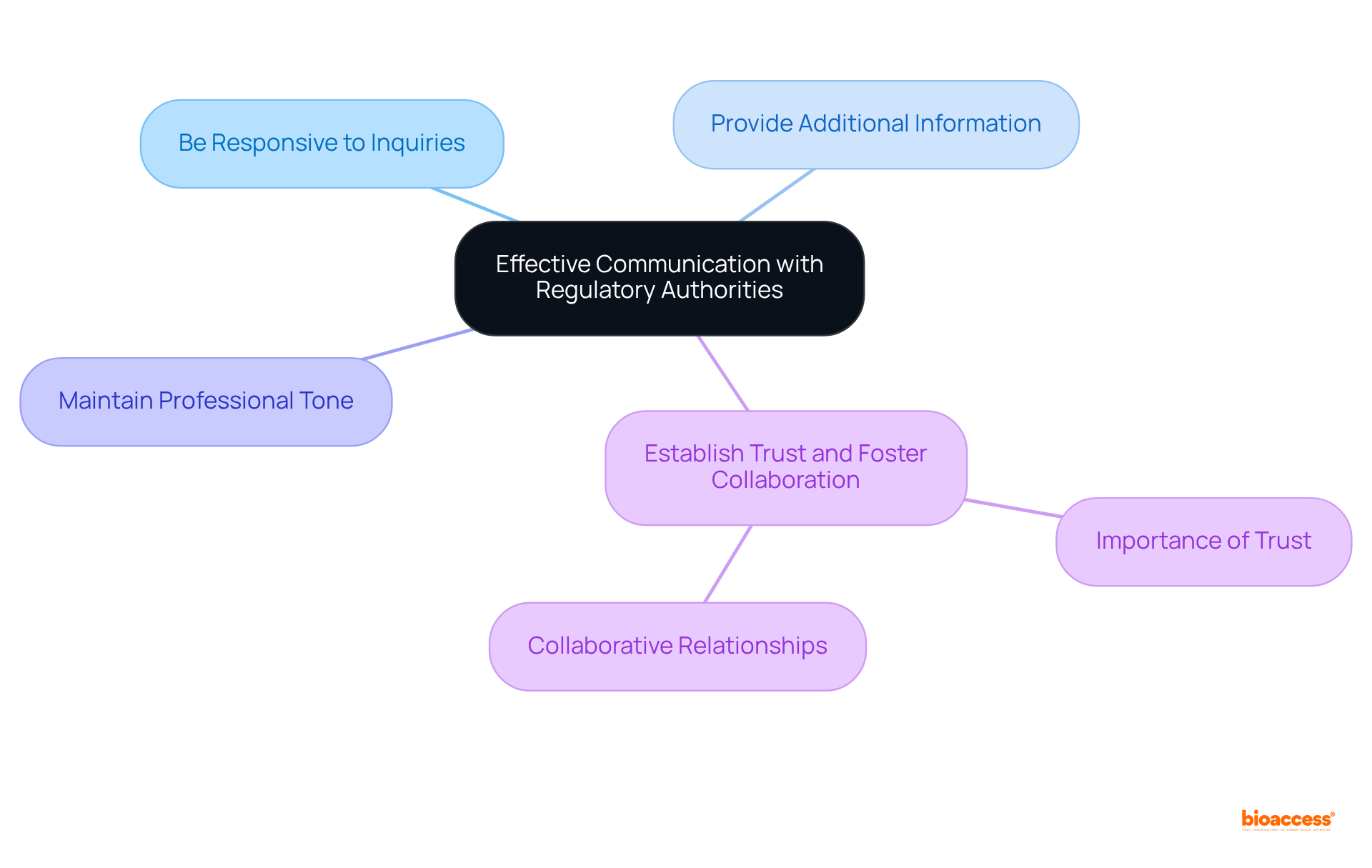 The central idea is about communicating effectively. Each branch represents a specific action you can take to improve interactions with regulatory bodies, showing how they all contribute to better outcomes.