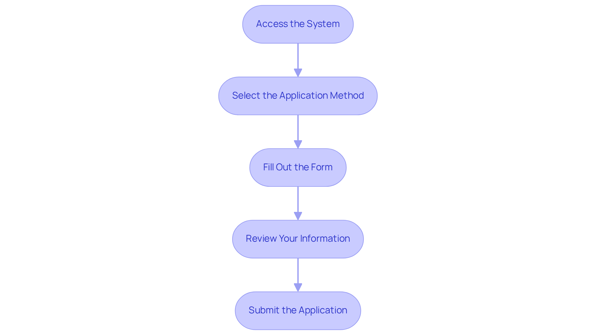 Each box represents a step in the application process. Follow the arrows to see what you need to do next, starting from accessing the system all the way to submitting your application.
