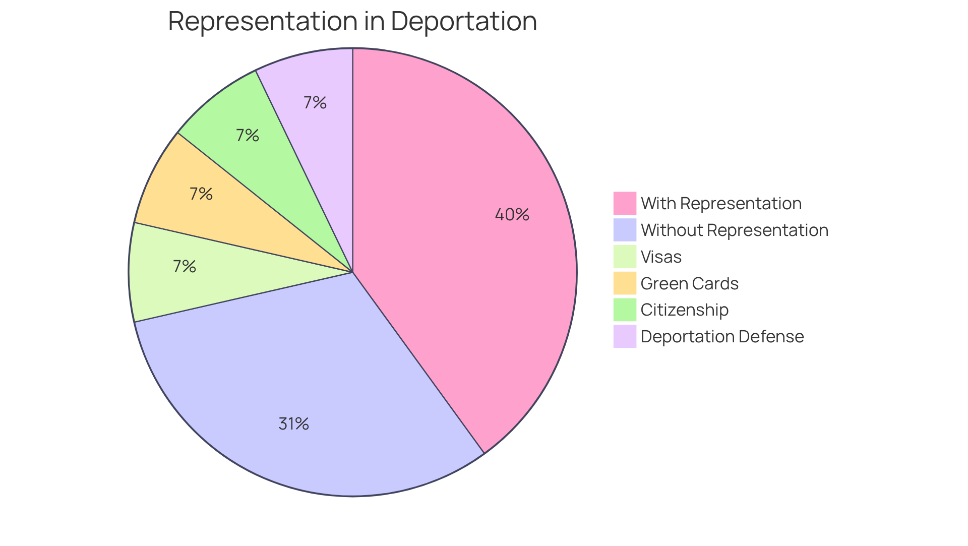 The larger sections show the proportion of individuals with or without representation. The smaller segments represent the various services offered by Vasquez Law Firm to support individuals in their immigration journey.