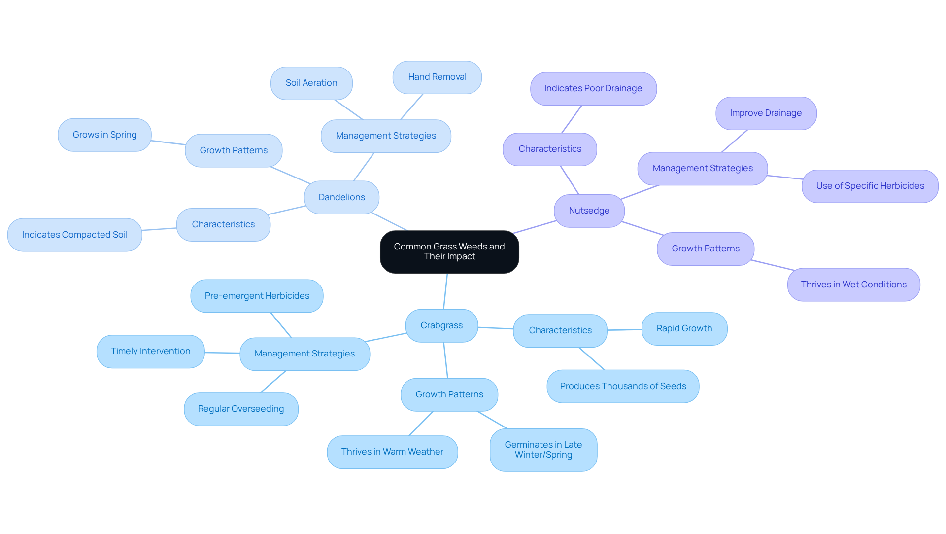 The central node represents the main topic, while the branches show different types of grass weeds and their management strategies. Each color-coded branch helps you quickly identify the specific weed and related information.