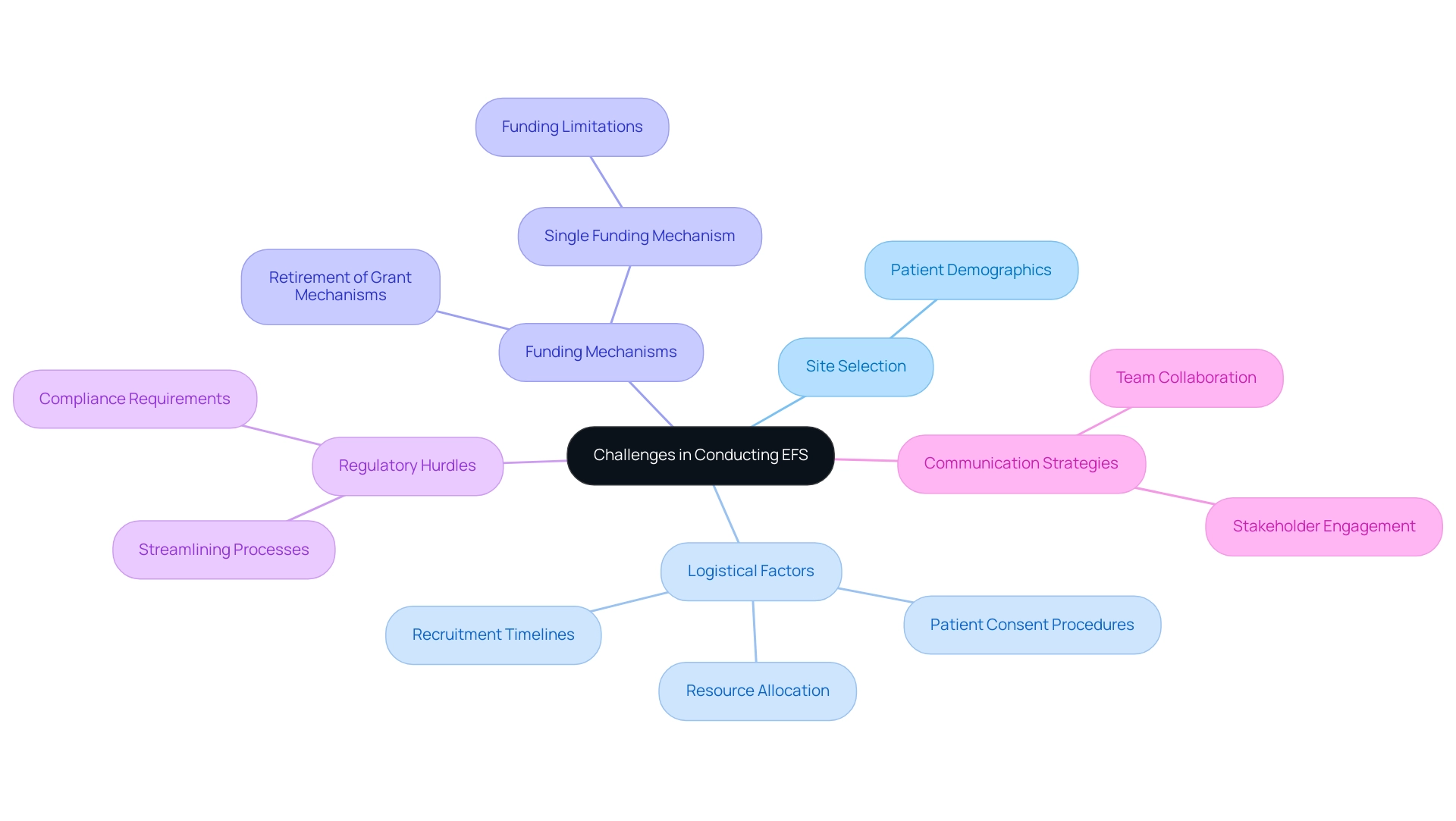 Each color represents a key category of challenges, with branches detailing specific considerations within each category.