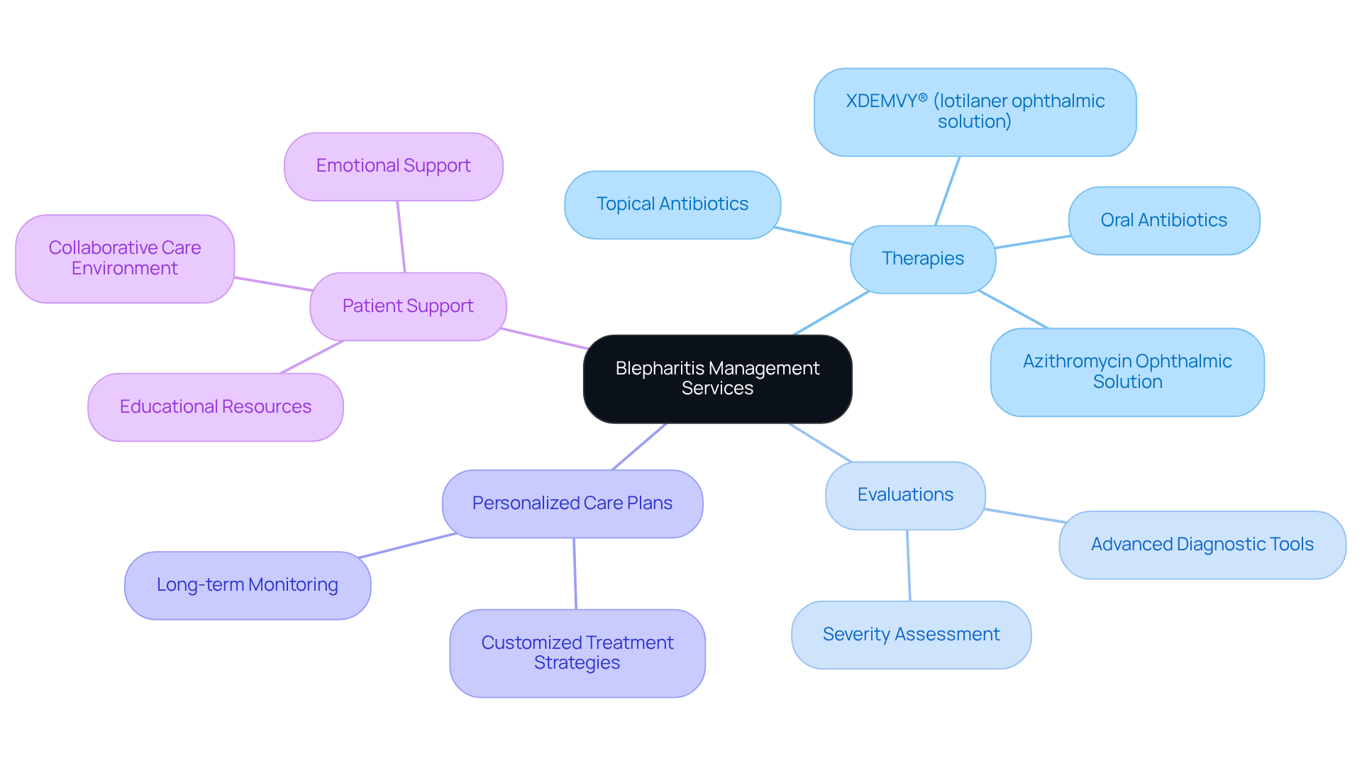 The central node represents the overall management of blepharitis, while the branches show the different services and support available to patients. Each color-coded branch helps you see how each aspect contributes to your eye health journey.