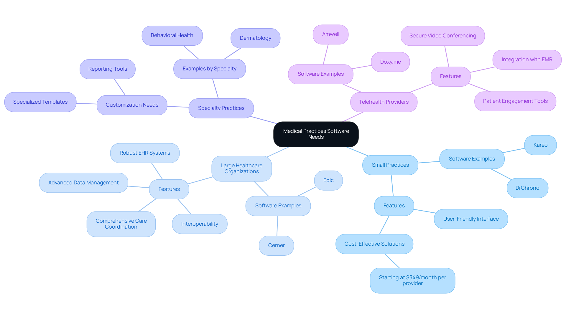The central node represents the overall topic, while each branch shows a type of medical practice. The sub-branches provide details on software solutions tailored to each practice's unique challenges and requirements.