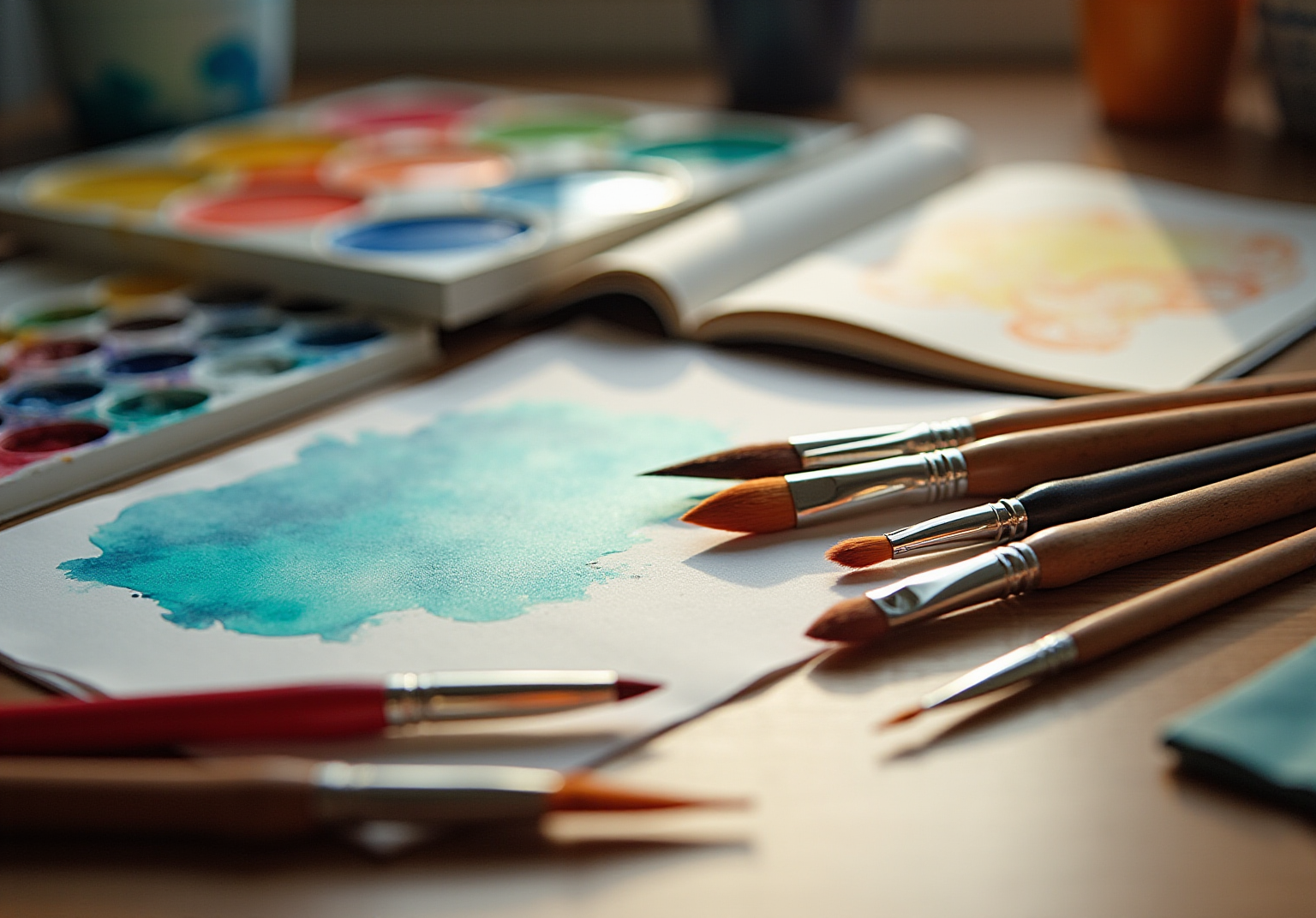 Artistic Workspace with Water Brushes Artistic Workspace with Water Brushes