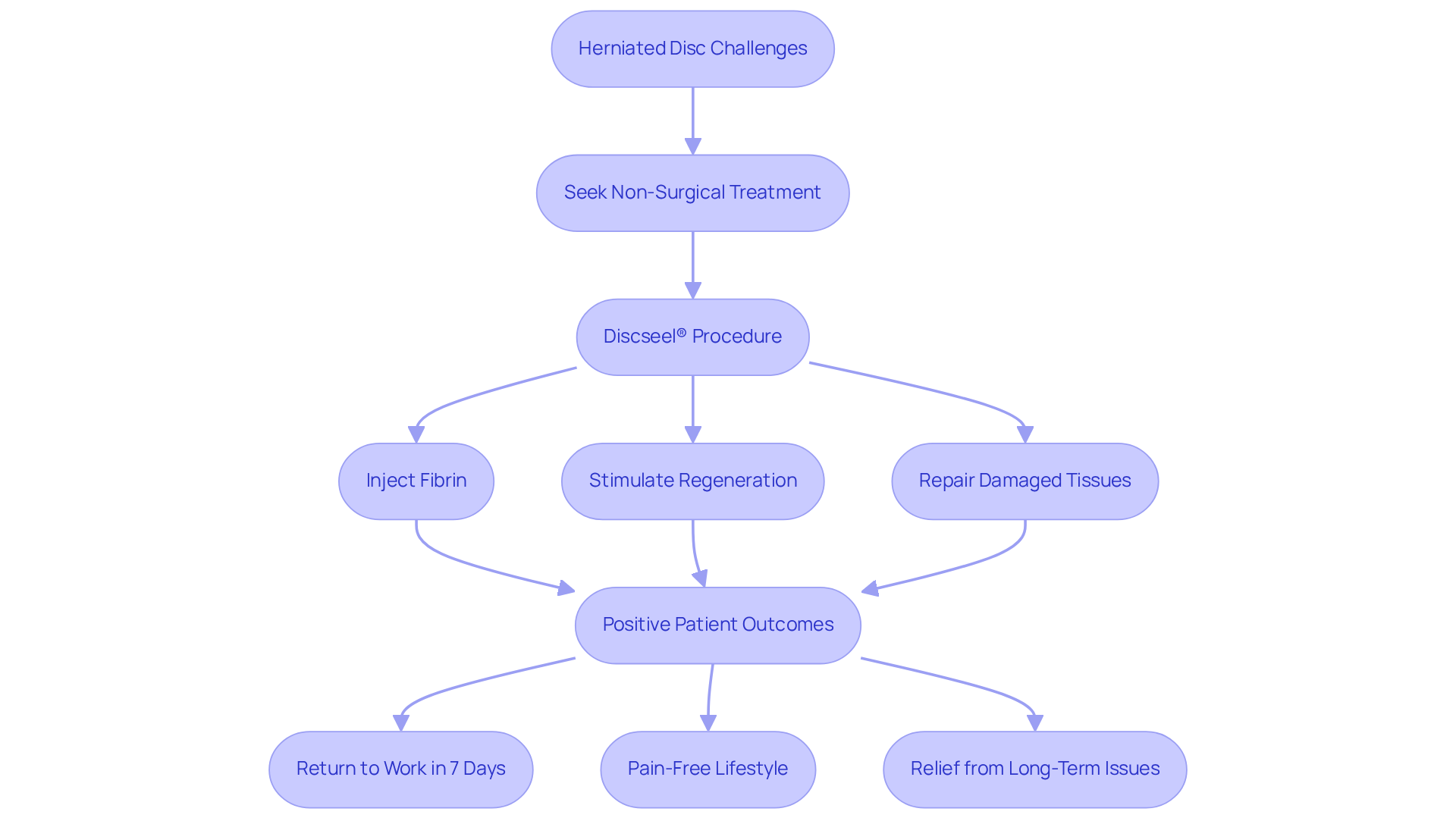 This flowchart shows the journey from dealing with a herniated disc to experiencing the benefits of the Discseel® procedure. Each step highlights how the treatment works and the positive changes it can bring to patients' lives.