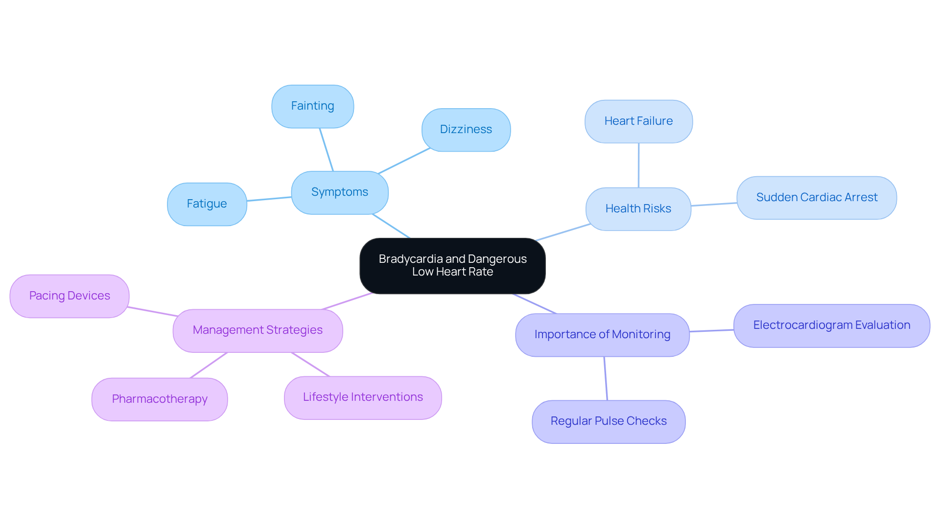 The central node represents bradycardia, while the branches show related symptoms, risks, and management strategies. Each color-coded branch helps you quickly identify different aspects of the condition and its importance.