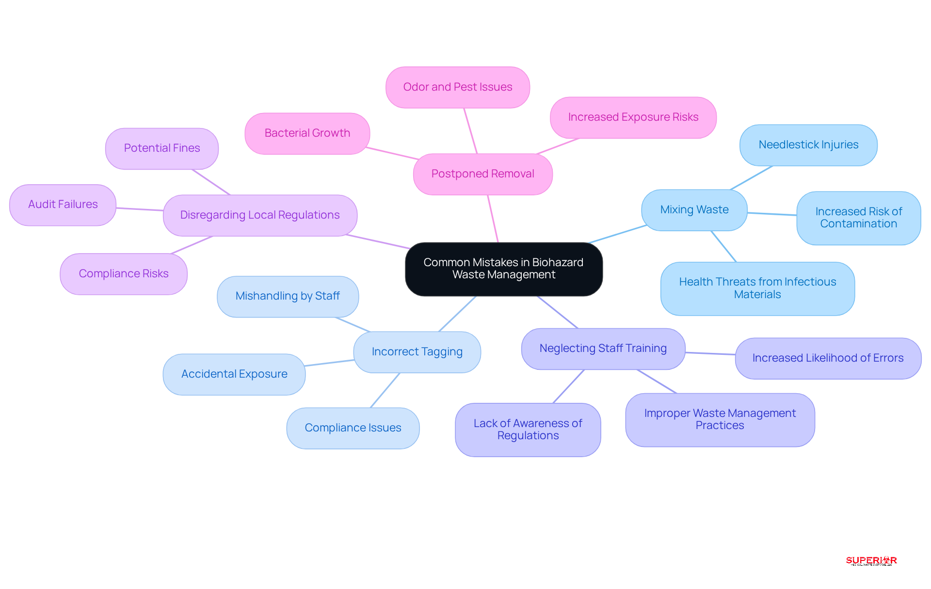 The central node represents the main topic, while each branch highlights a specific mistake. Follow the branches to understand the implications of each error and how they relate to effective waste management.