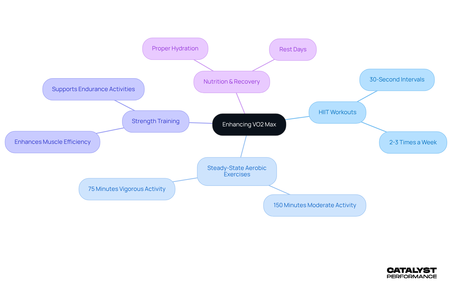 The central node represents the main goal of enhancing VO2 max. Each branch shows a different strategy, and the sub-branches provide specific actions or recommendations related to that strategy. Follow the branches to see how each part contributes to improving your fitness. The central node represents the main goal of enhancing VO2 max. Each branch shows a different strategy, and the sub-branches provide specific actions or recommendations related to that strategy. Follow the branches to see how each part contributes to improving your fitness.