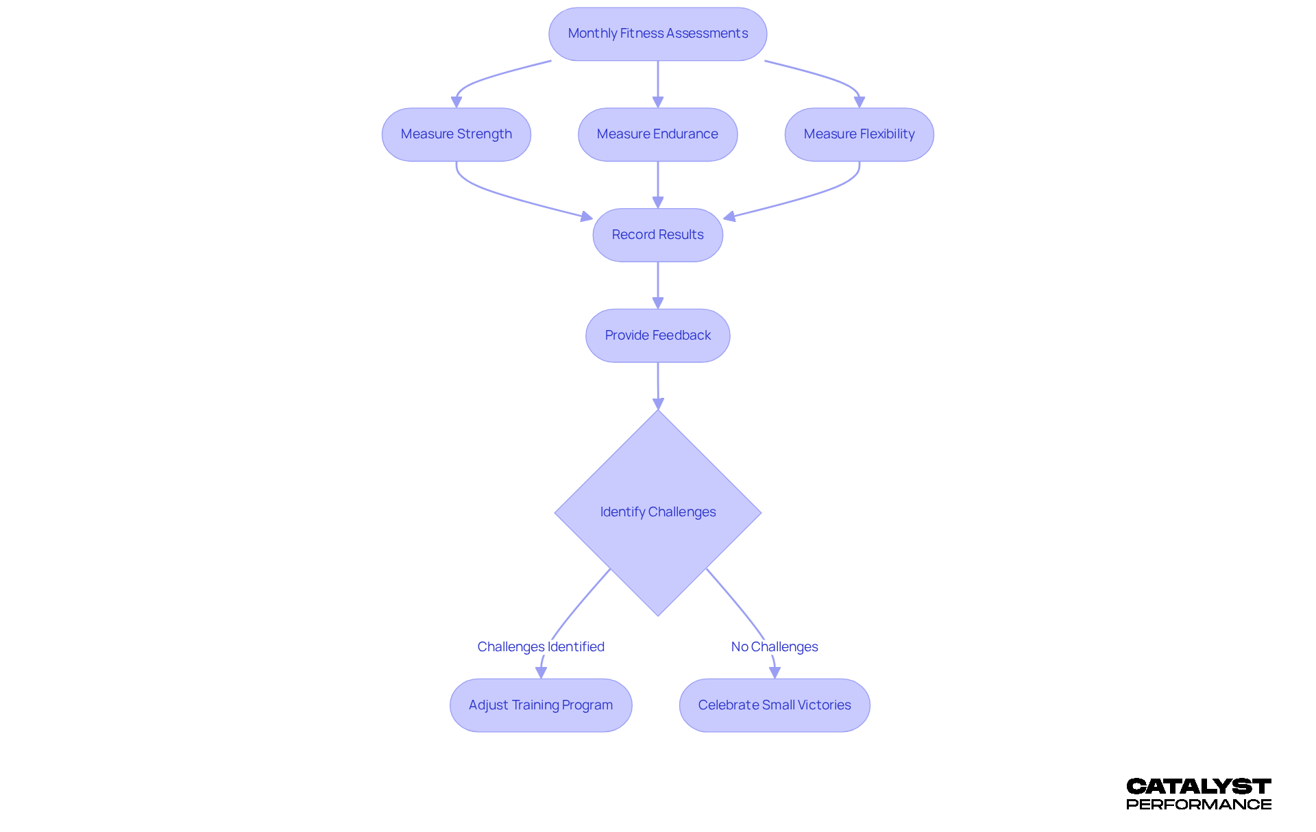 Follow the arrows to see how each step in the assessment process connects. Each box represents a key action, leading to feedback and adjustments that help you achieve your fitness goals.