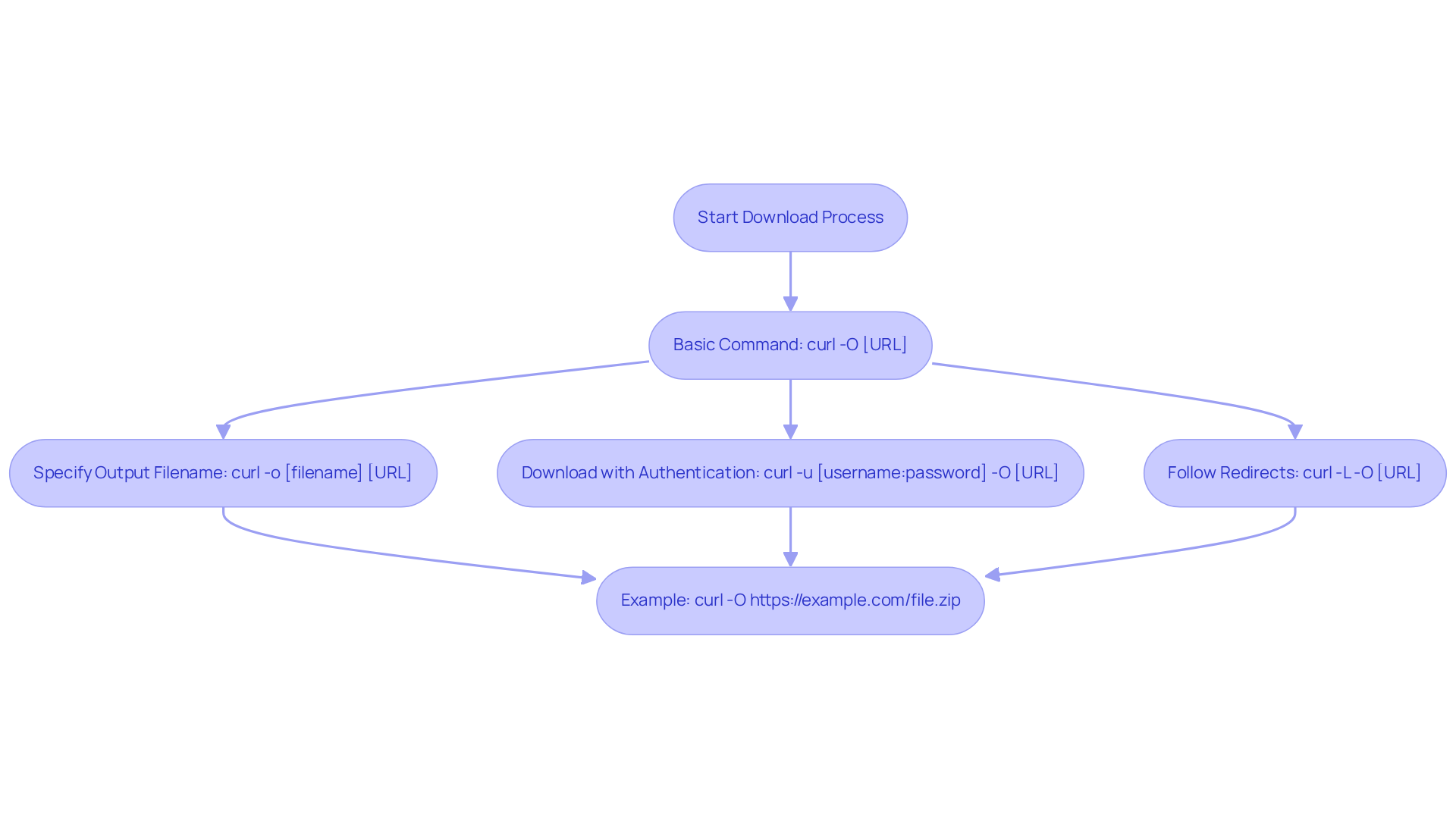 Each box represents a step in the process of downloading a file with Curl. Follow the arrows to see the commands you need to execute, based on your specific situation.