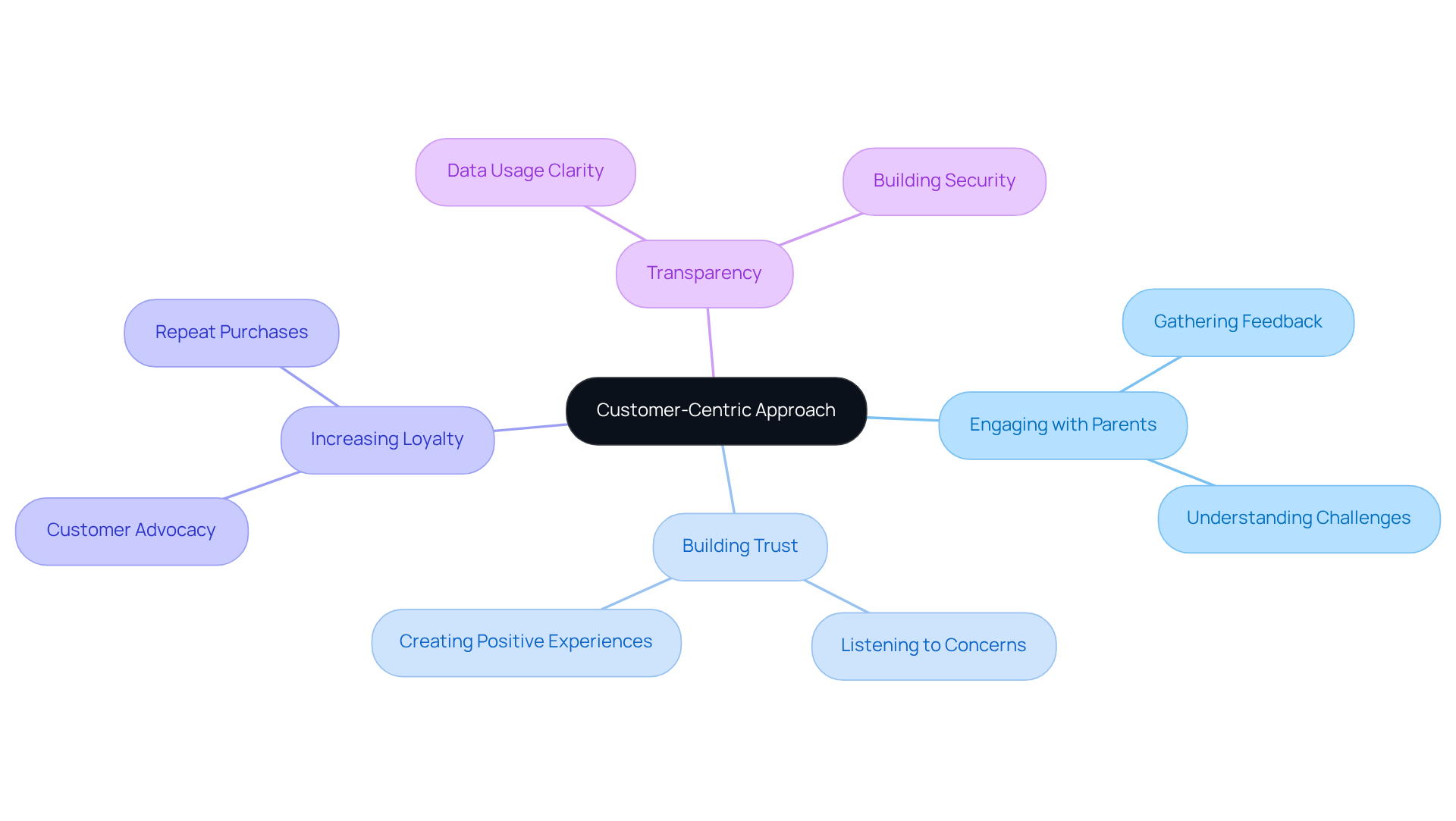 Start at the center with the main idea of being customer-centric, then follow the branches to see how we engage with parents, build trust, increase loyalty, and maintain transparency.