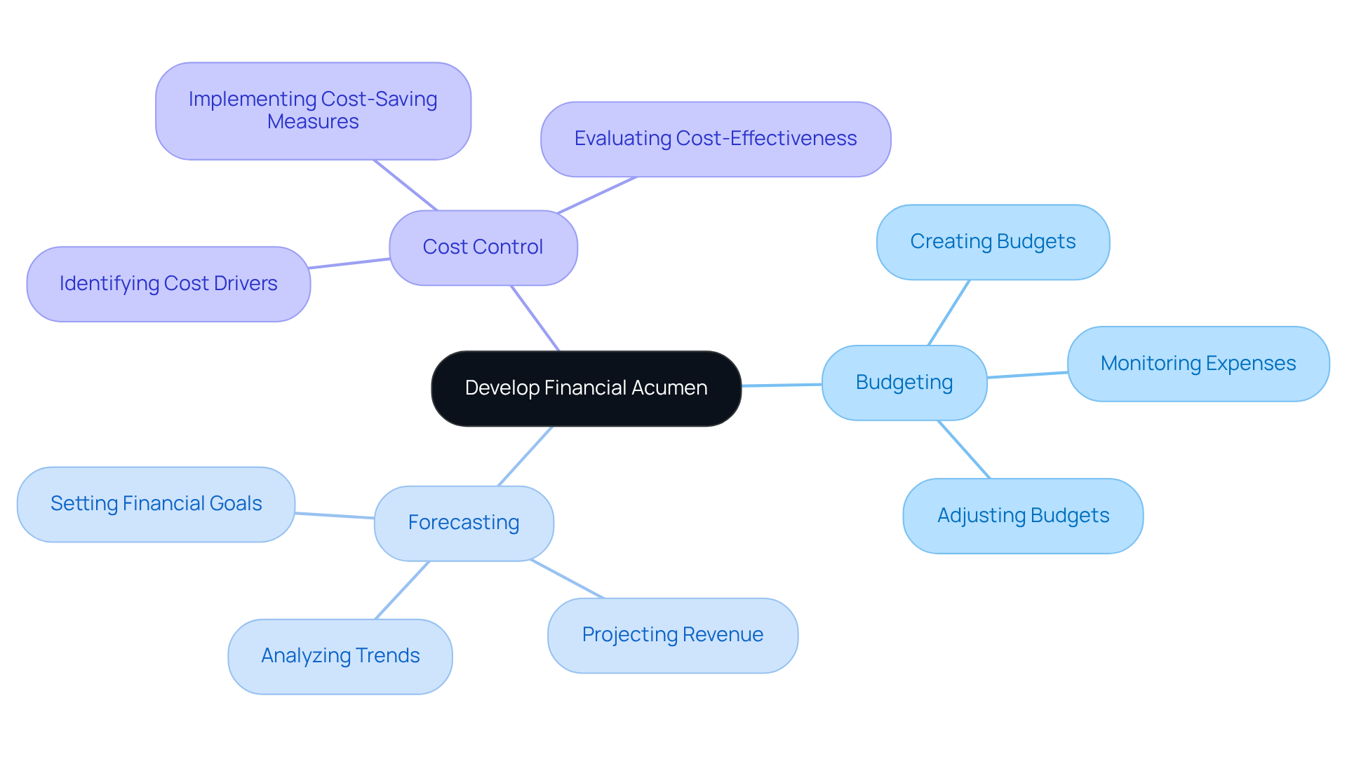 Start at the center with the main goal of developing financial skills, then explore each branch to see the key areas of focus and their related skills.