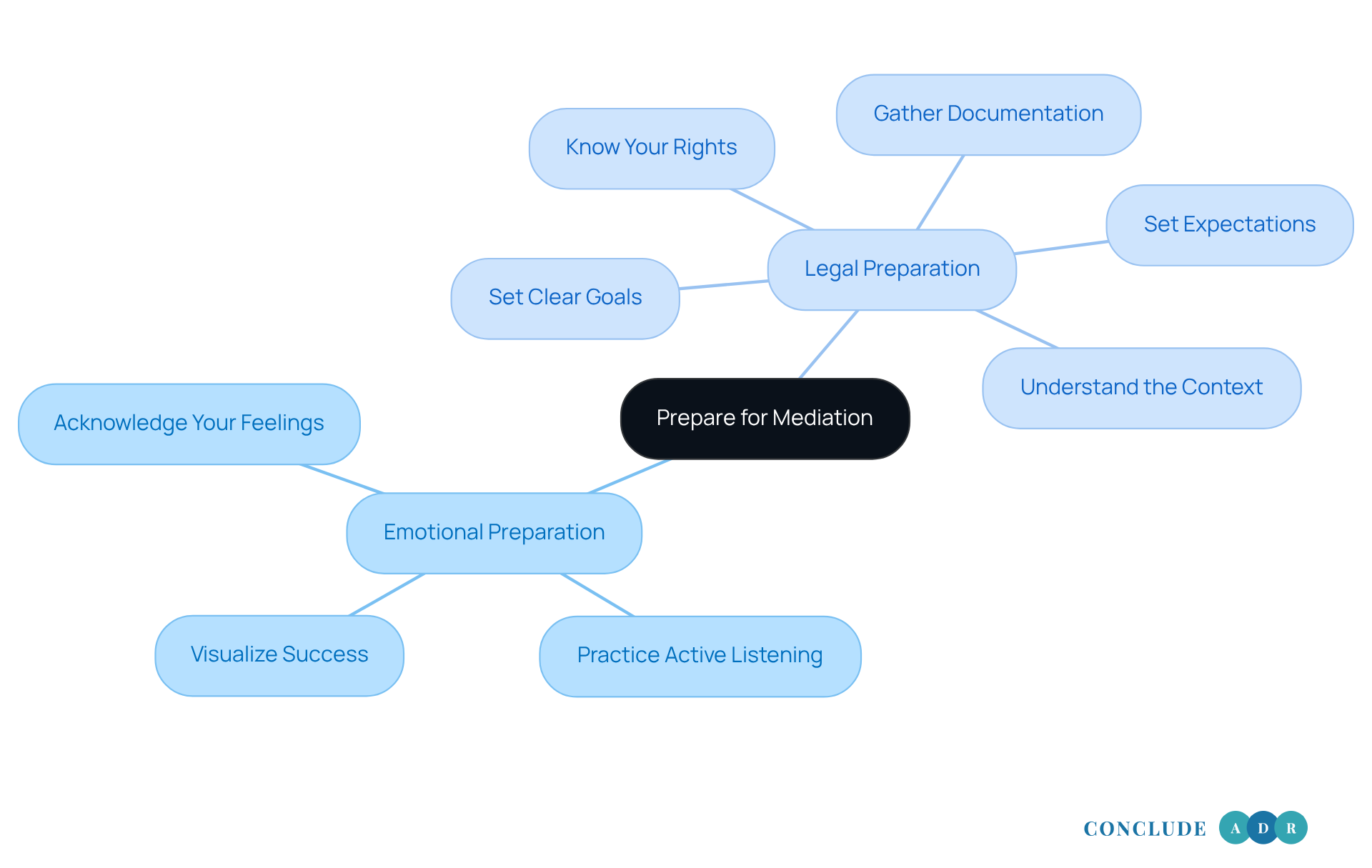 The central node represents the overall goal of preparing for mediation. The branches show two main areas of focus: emotional and legal strategies, with further details on specific actions you can take under each category.