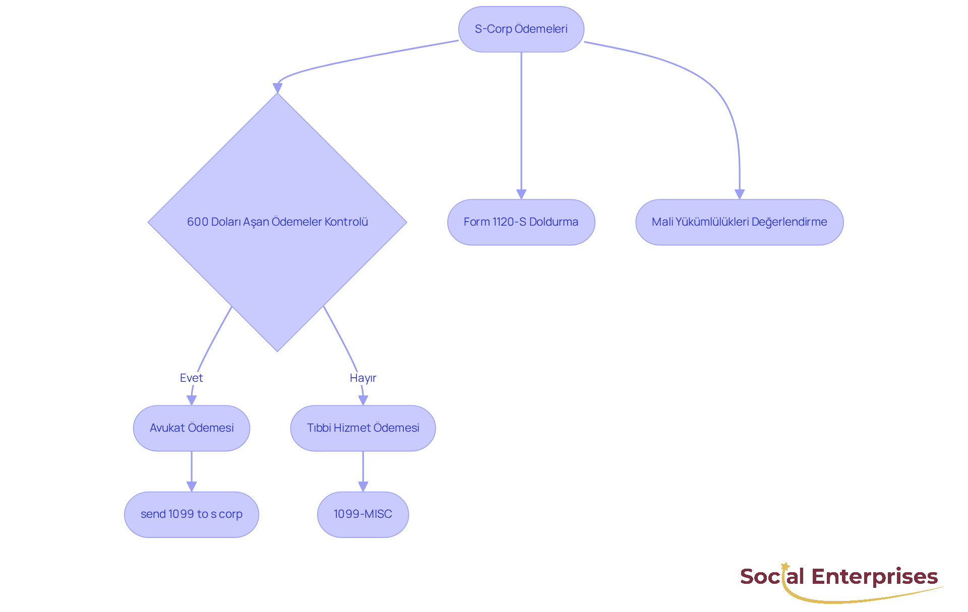Bu akış diyagramı, S-Corp'ların hangi durumlarda 1099 formu almaları gerektiğini ve hangi belgelerin gerektiğini gösteriyor. Her kutu belirli bir adımı temsil ediyor ve oklar, sürecin nasıl ilerlediğini gösteriyor.