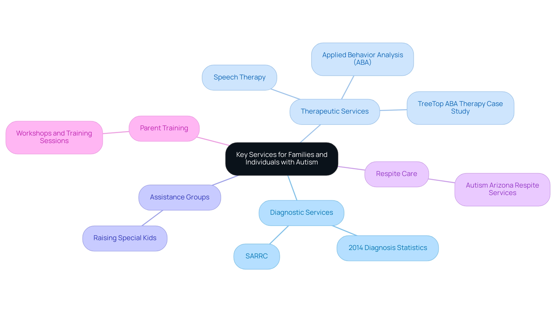 The central node represents the overall theme, with branches showing service categories and sub-branches providing specific examples or organizations related to each category.