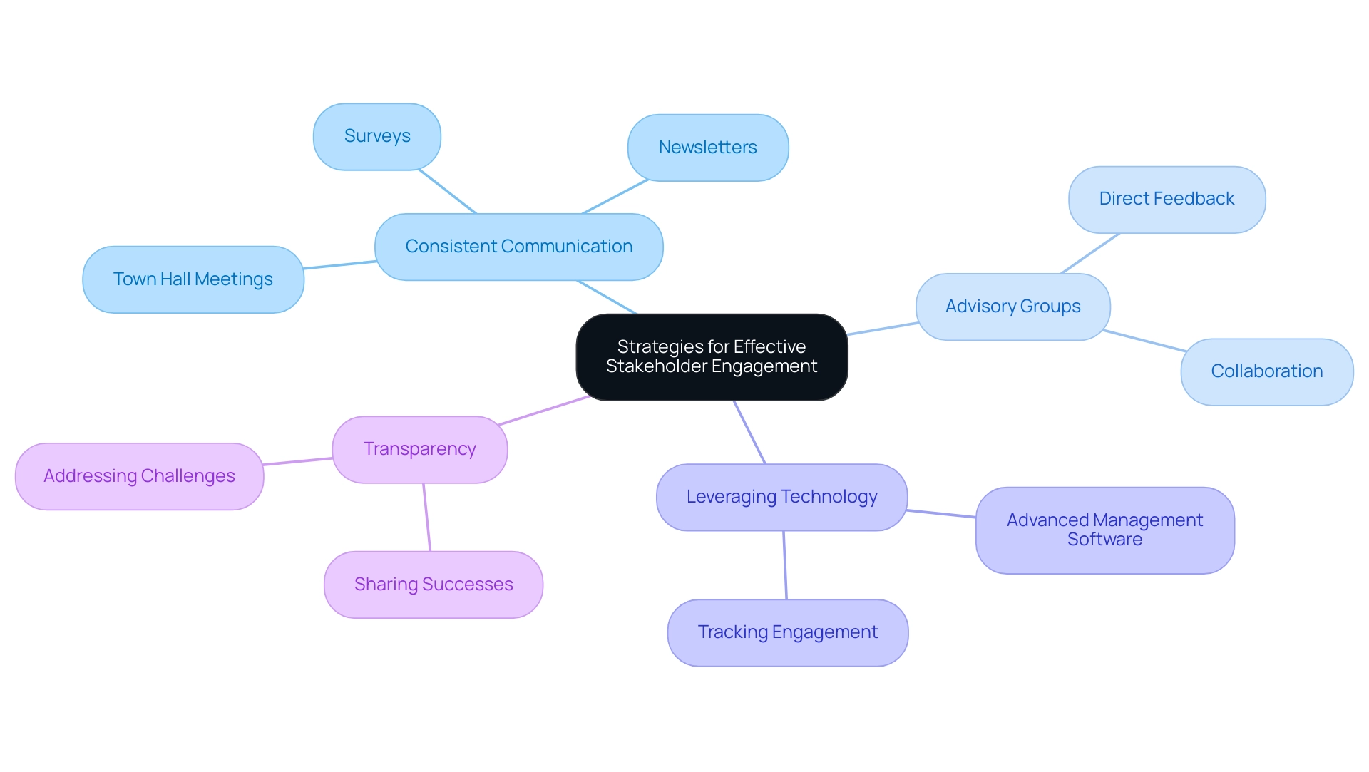 The central node represents the main topic, with branches showing key strategies and their respective tactics for engaging stakeholders.