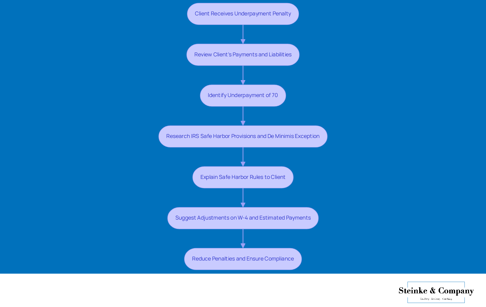 Each box represents a key step in the process of solving the tax issue. Follow the arrows to see how each action leads to the next, ultimately resulting in a successful outcome for the client.