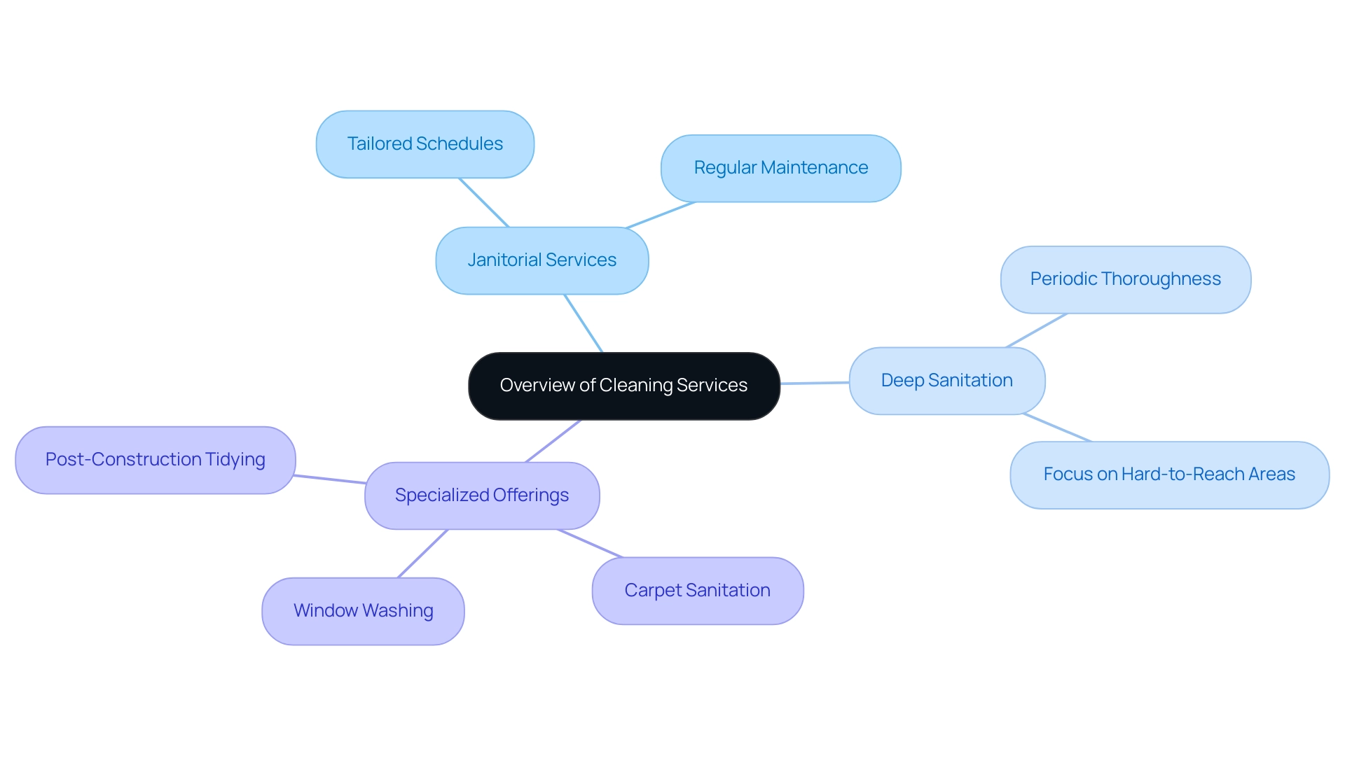 Central node represents the overall category of services, with branches indicating the types of services offered and sub-branches detailing their customizable features.