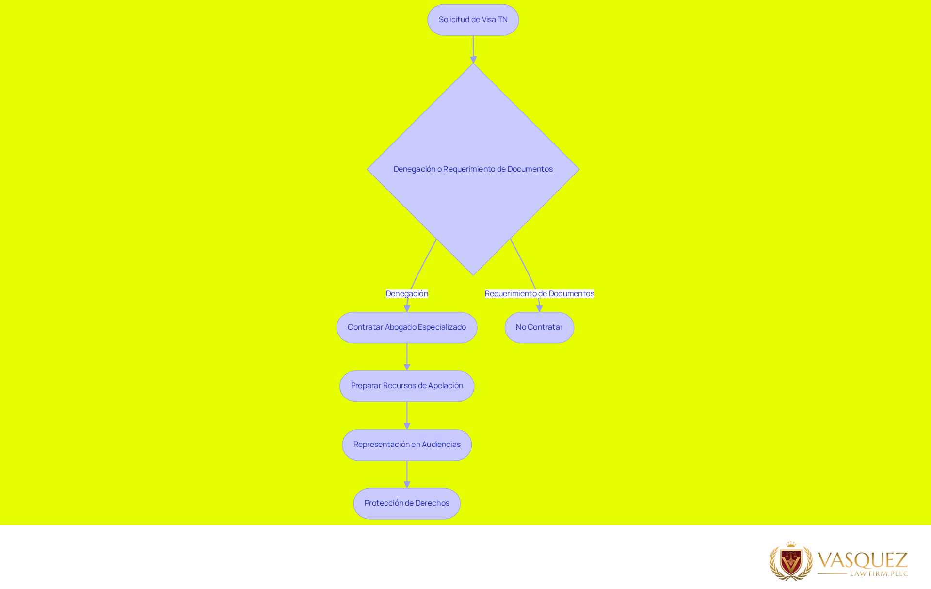 Cada paso en el diagrama representa una acción o decisión que un solicitante de visa TN debe considerar si enfrenta contratiempos. Sigue las líneas para entender cómo avanzar en el proceso legal.