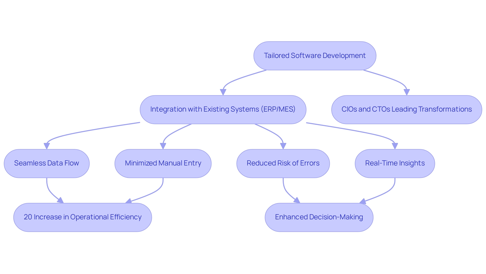Each box represents a step or benefit in the integration process, with arrows indicating the flow from tailored software development to enhanced operational efficiency, and different colors representing roles and benefits.
