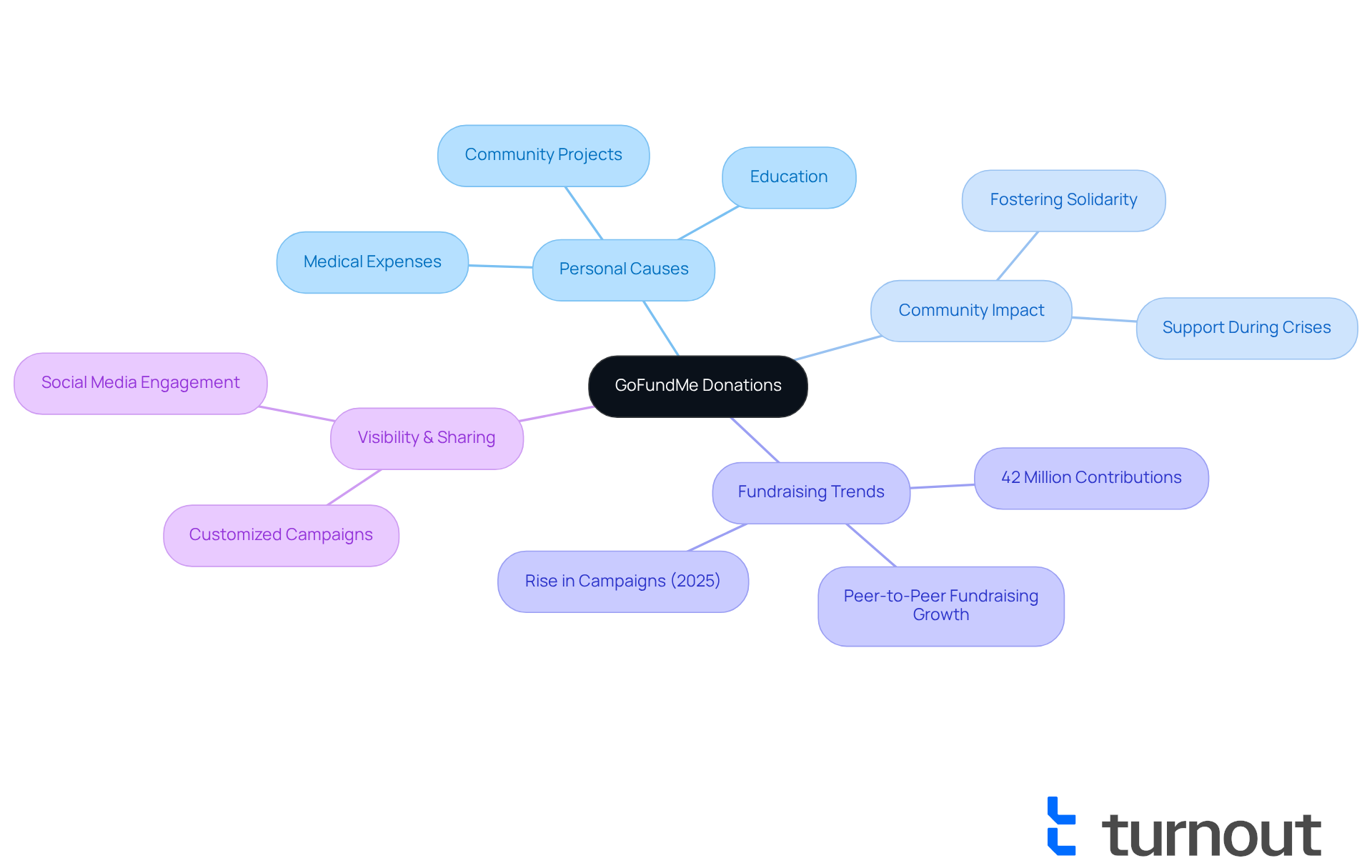 The central idea is GoFundMe donations, with branches showing various aspects like types of causes and their impact. Each branch connects to smaller ideas, illustrating how they relate to the overall concept.