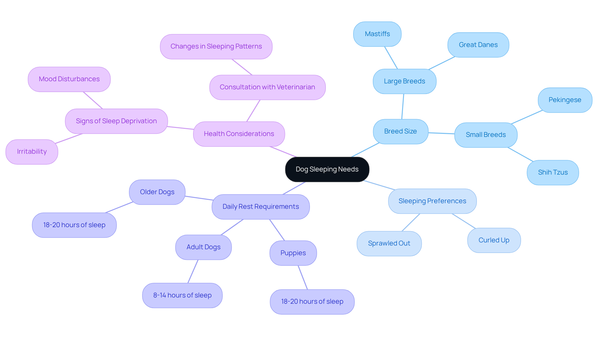 The central idea is about assessing your dog's sleeping needs, with branches detailing important factors that influence their comfort and health. Follow the branches to explore each aspect of your dog's rest requirements.
