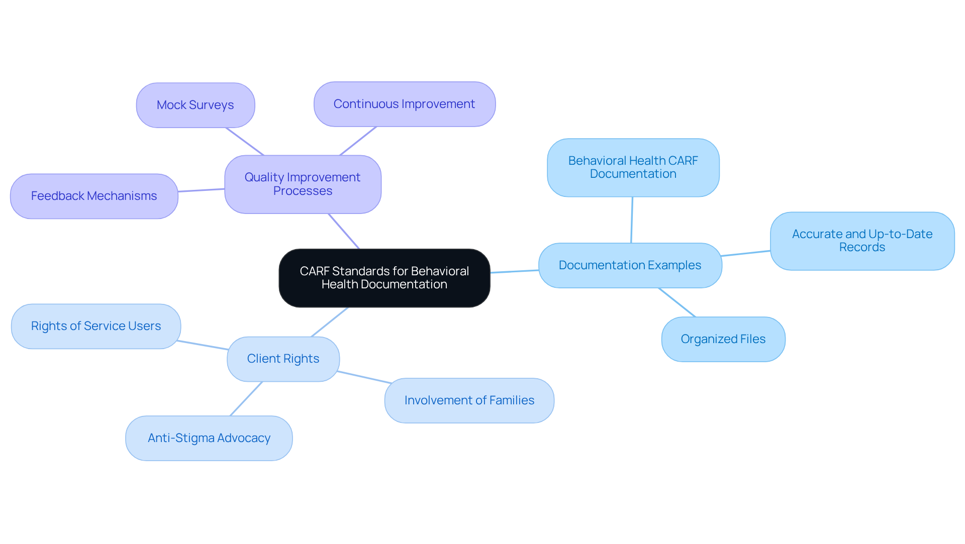 The center represents the main topic of CARF standards. Each branch shows a key area of focus, and the sub-branches provide more details. This layout helps you see how everything connects and why each part is important.