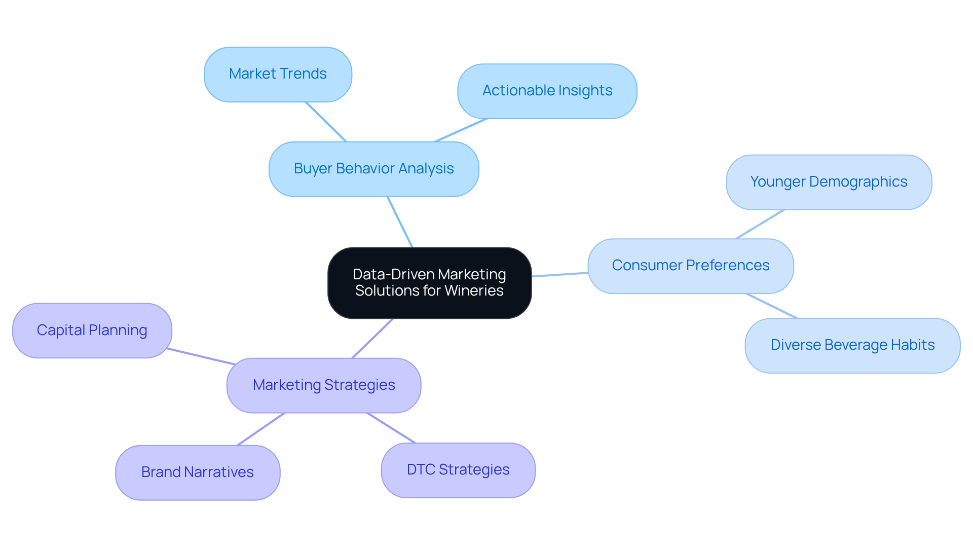 The central node represents the main theme of data-driven marketing, while the branches illustrate key areas of focus, showing how they connect to the overall goal of enhancing winery marketing effectiveness.